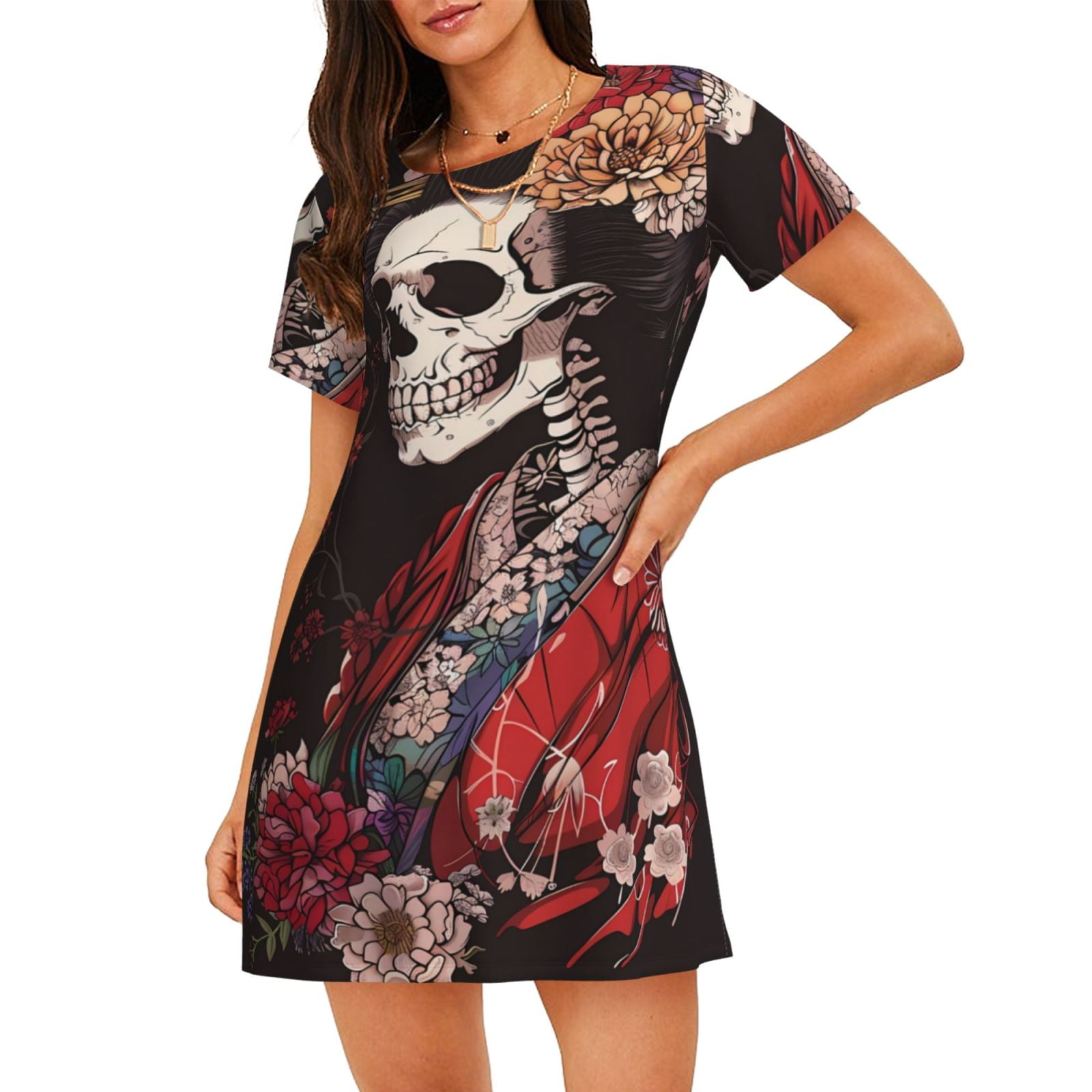 Coaee Geisha Skeleton With Flowers for Women's Short-sleeved Nightdress ...