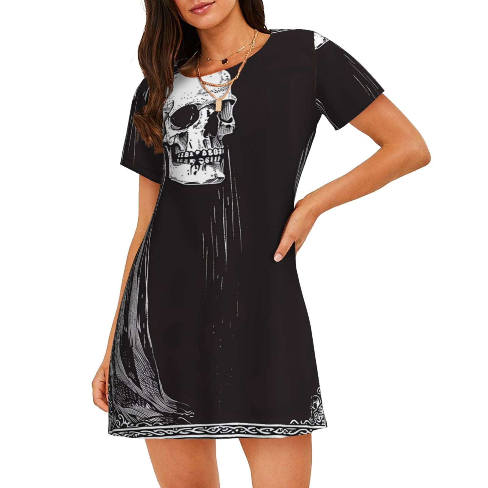 Coaee Gothic Skull Drape for Women's Short-sleeved Nightdress Casual ...