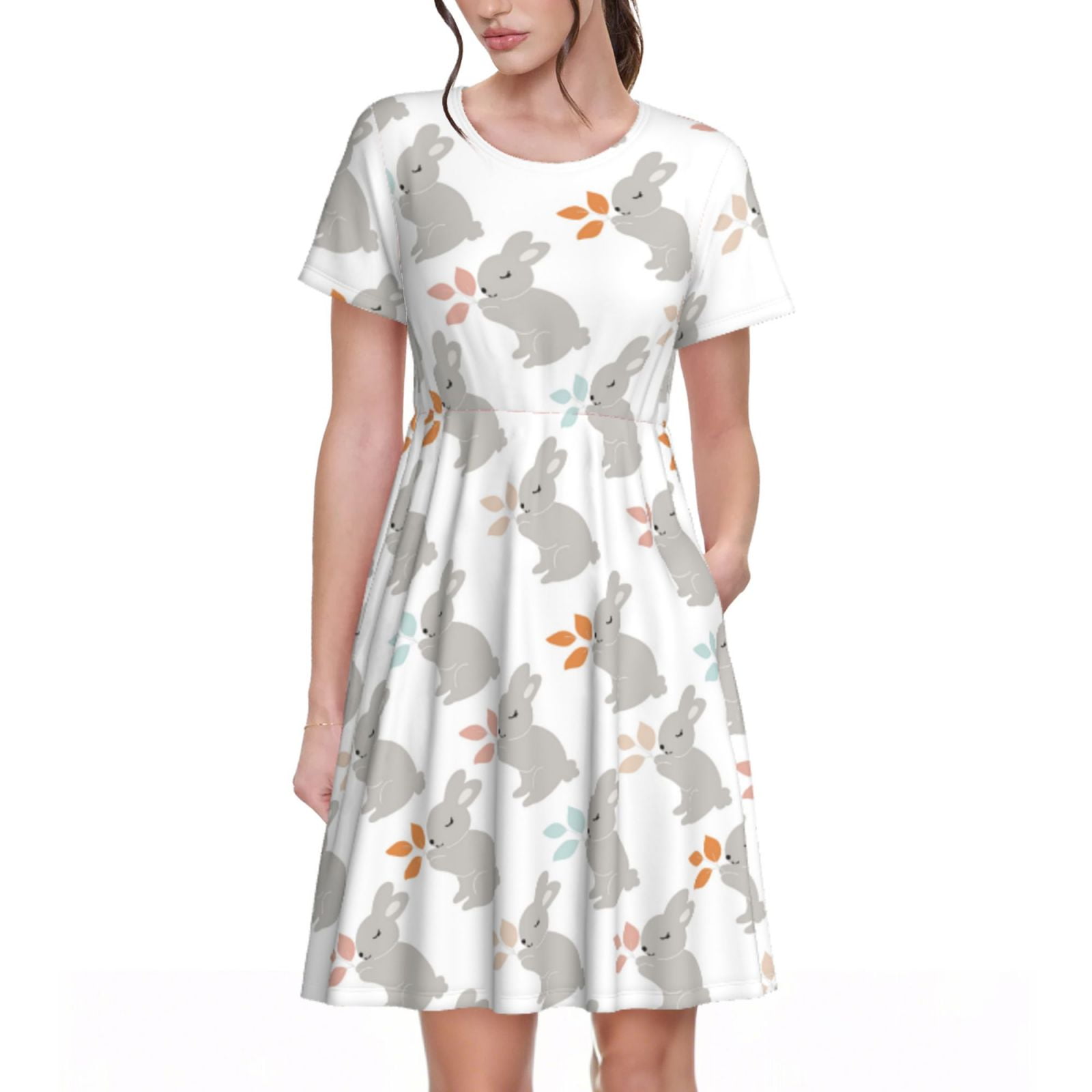 Coaee Gray Rabbit for Casual Dress for Women Short Sleeve Dresses with ...