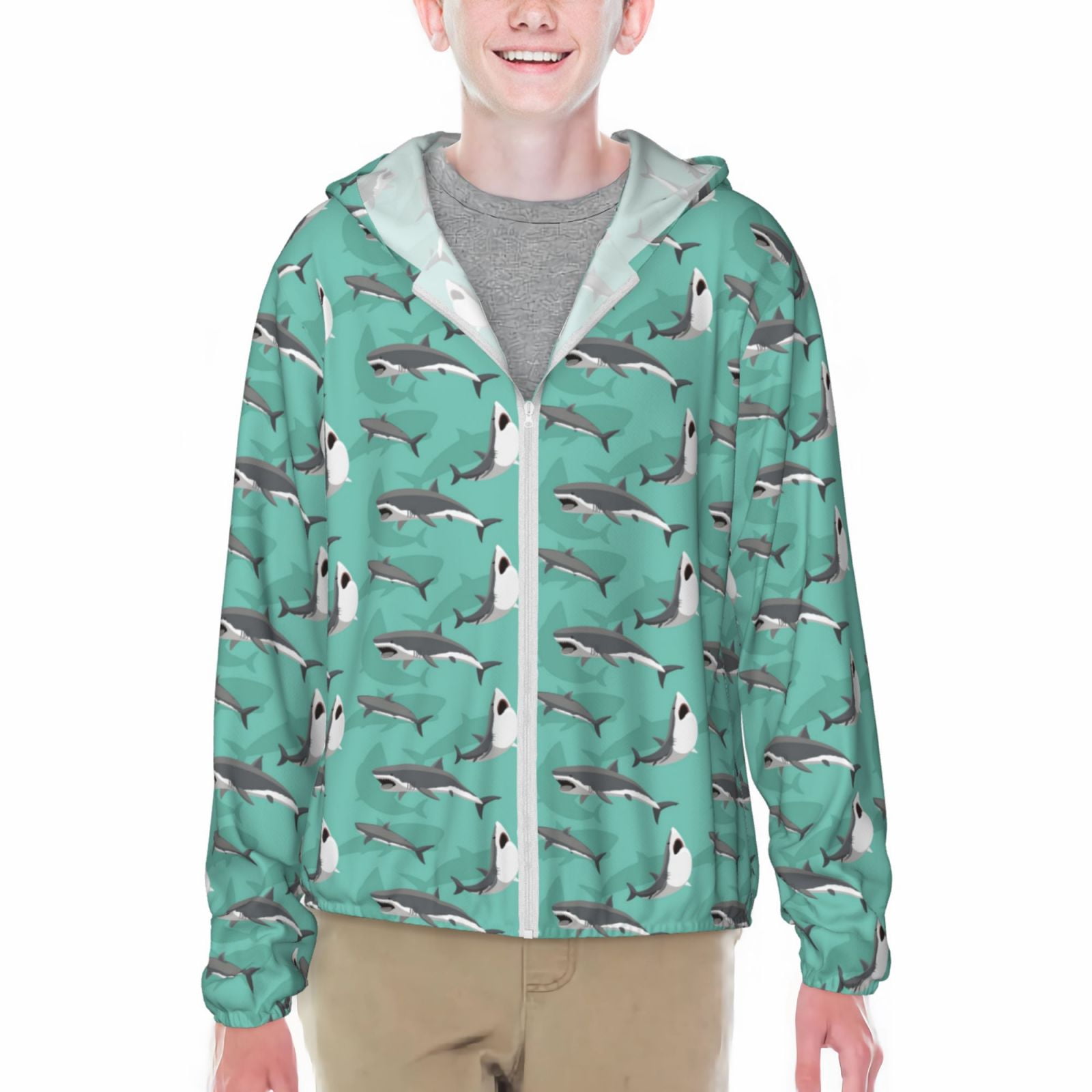 Coaee Great White Shark Print Teen's UPF 50+ Sun Protection Outdoor Lightweight Full Zip Hoodie ...