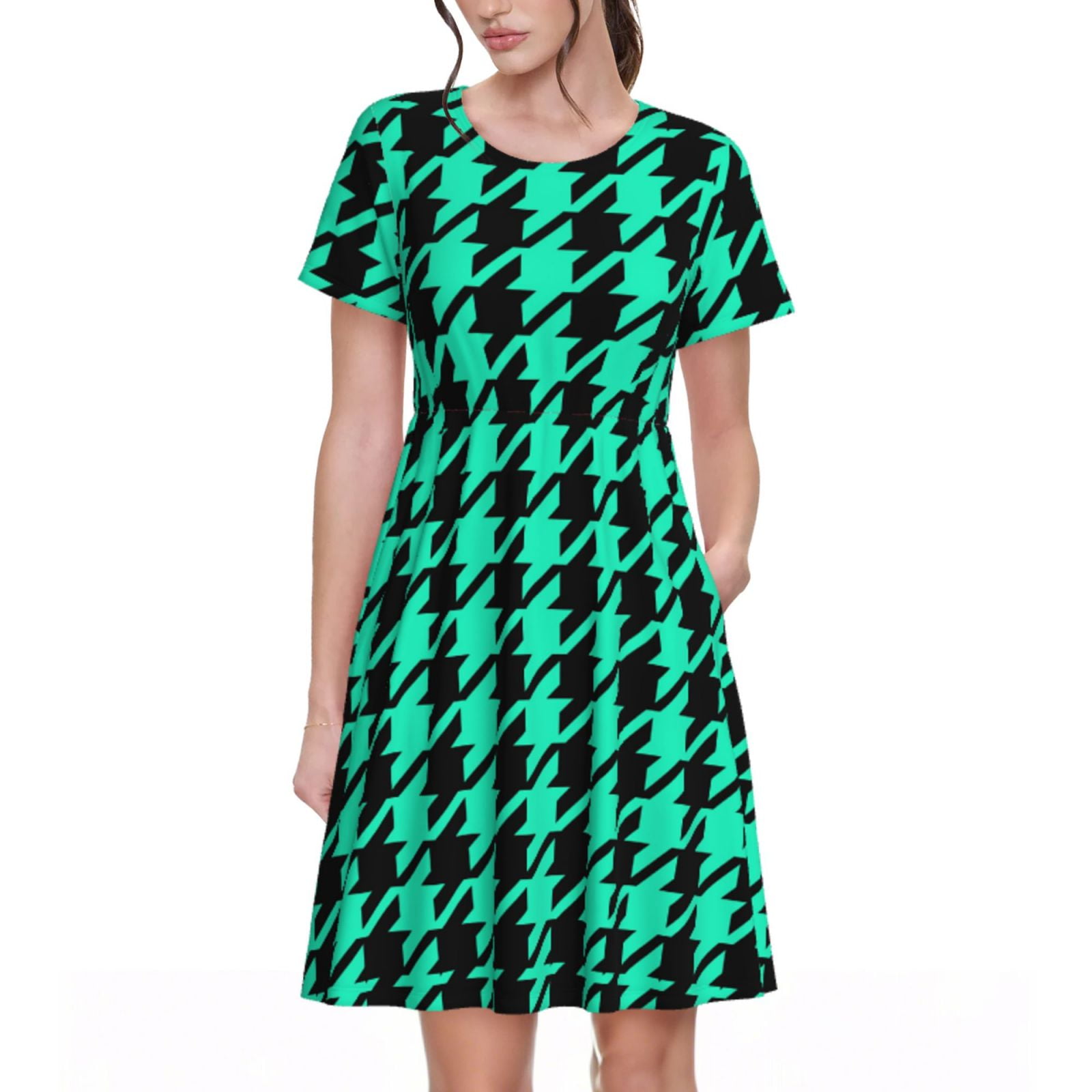 Coaee Green and Black Houndstooth for Casual Dress for Women Short ...