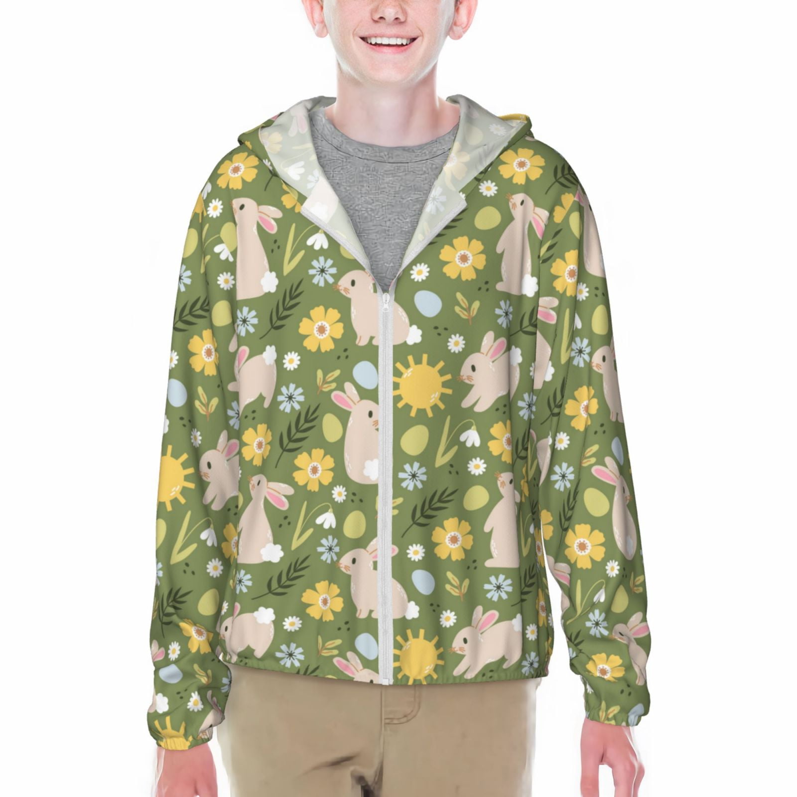 Coaee Happy Easter Print Teen's UPF 50+ Sun Protection Outdoor Lightweight Full Zip Hoodie Long ...