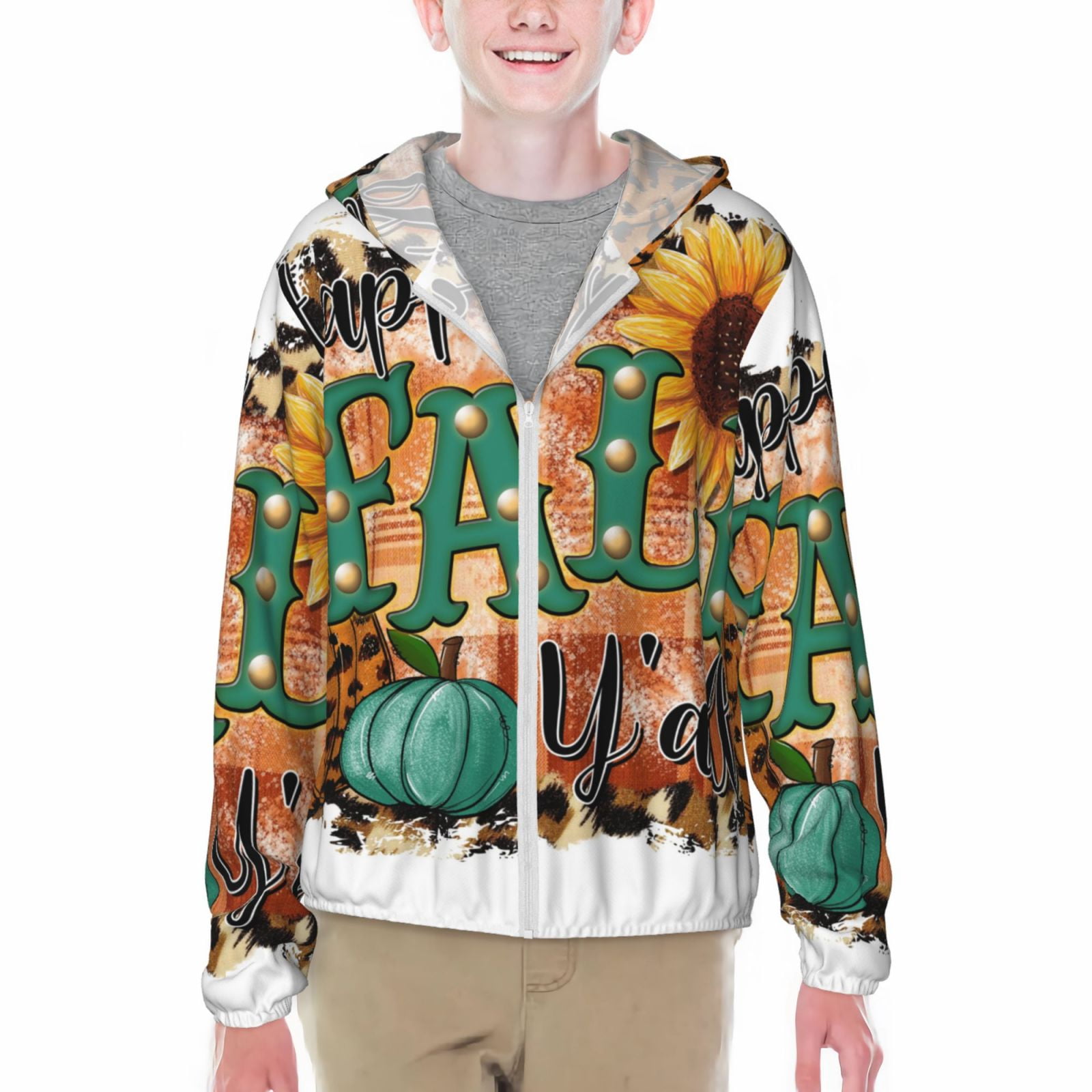 Coaee Happy Fall Y'All Print Teen's UPF 50+ Sun Protection Outdoor Lightweight Full Zip Hoodie ...