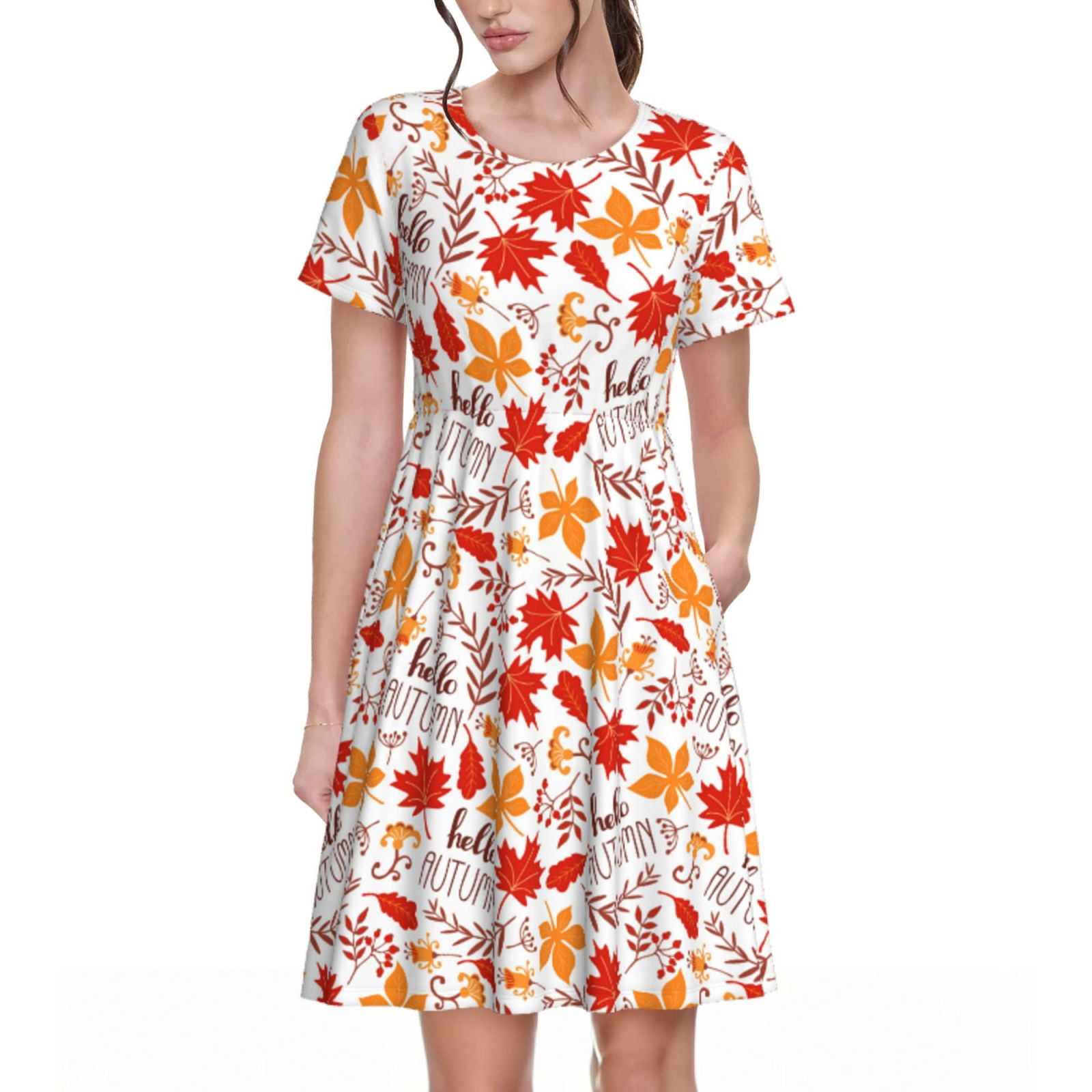 Coaee Hello Autumn Maple Leaf for Casual Dress for Women Short Sleeve ...
