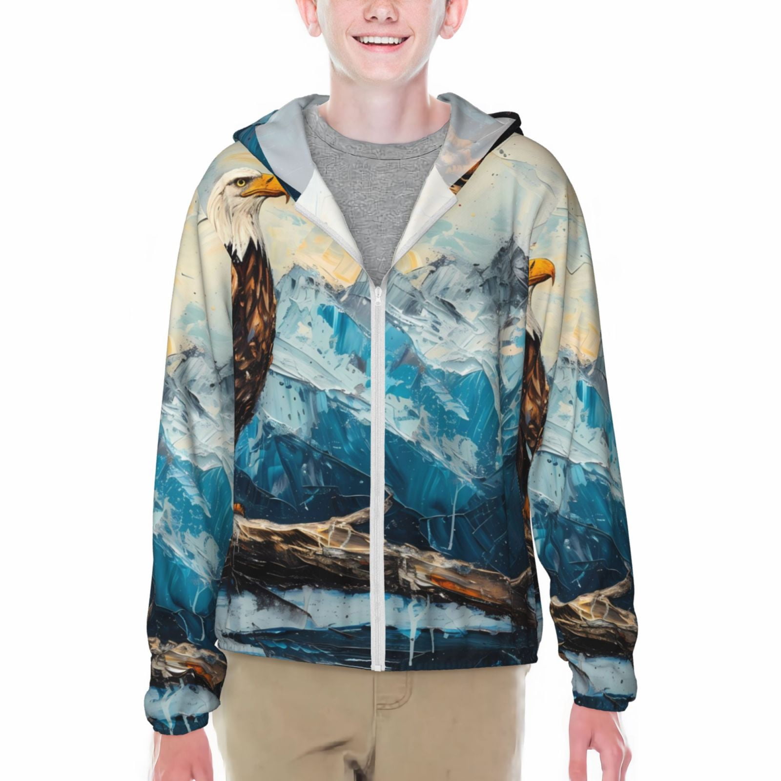 Coaee Iceberg Bald Eagle Print Teen's UPF 50+ Sun Protection Outdoor Lightweight Full Zip Hoodie ...