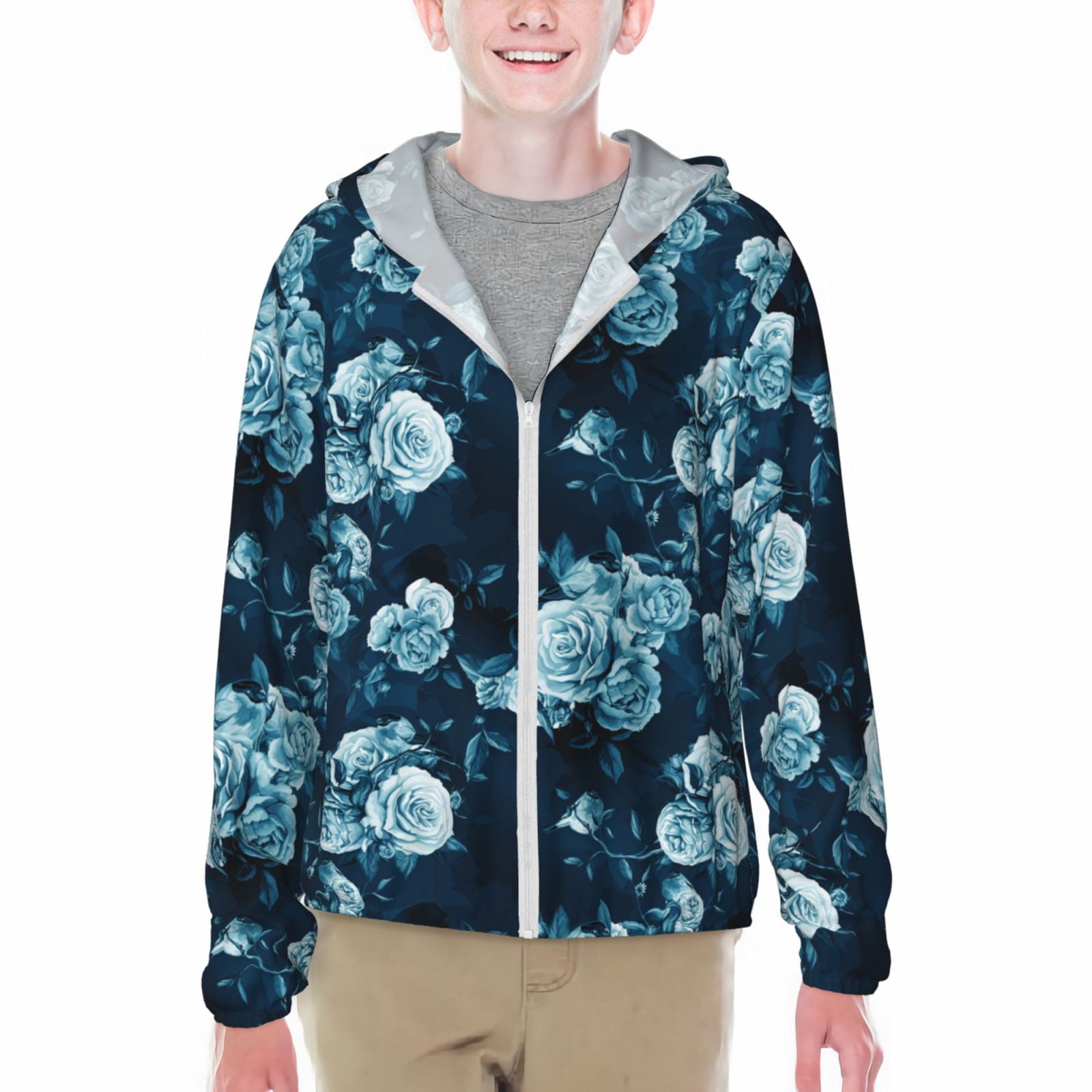 Coaee Ink Rose Print Teen's UPF 50+ Sun Protection Outdoor Lightweight Full Zip Hoodie Long ...