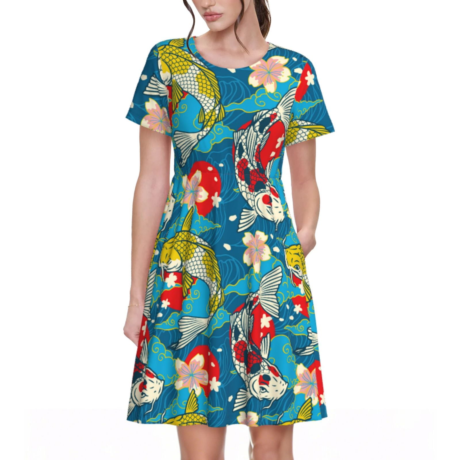 Coaee Japanese Koi for Casual Dress for Women Short Sleeve Dresses with ...