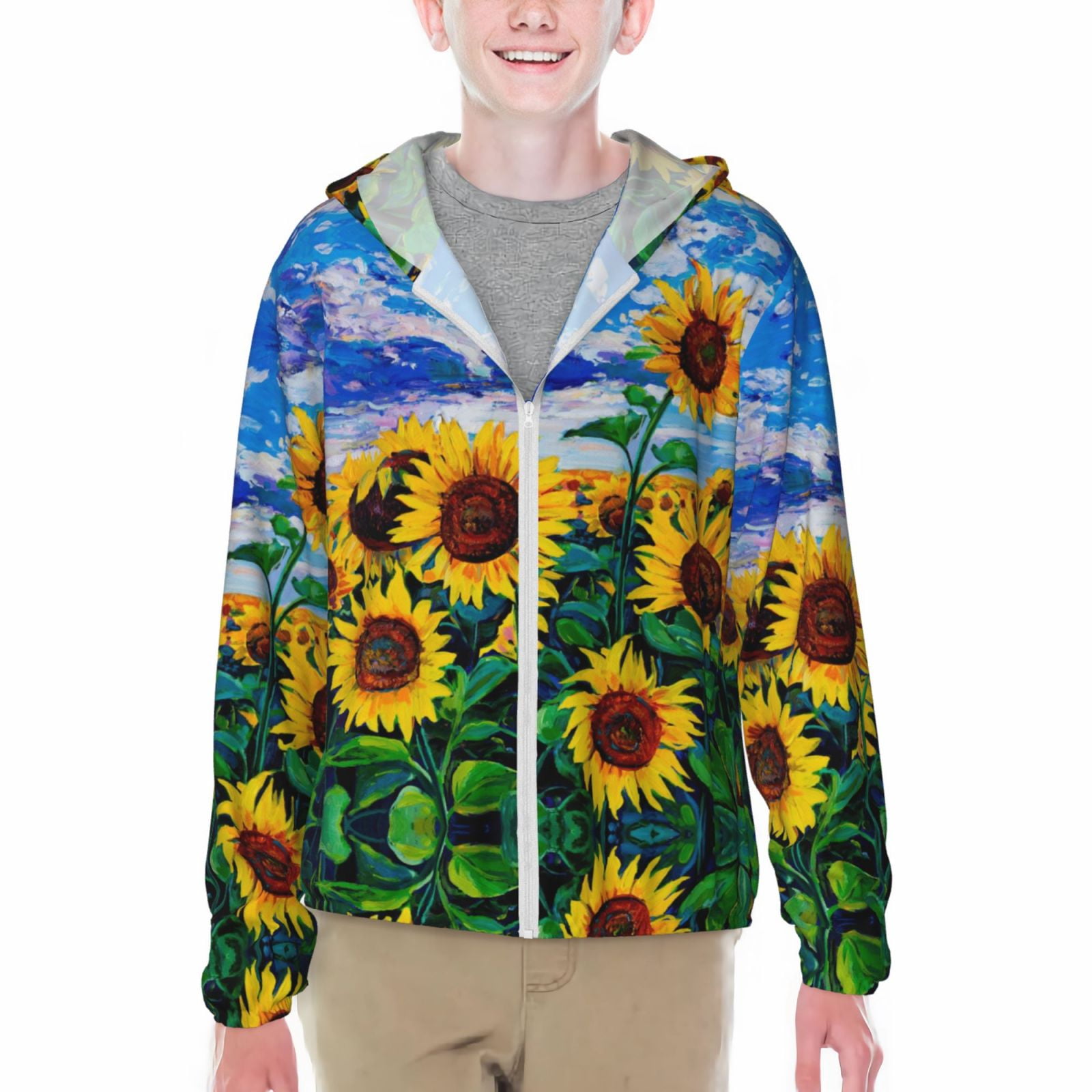 Coaee Landscape With Sunflowers Print Teen's UPF 50+ Sun Protection Outdoor Lightweight Full Zip ...