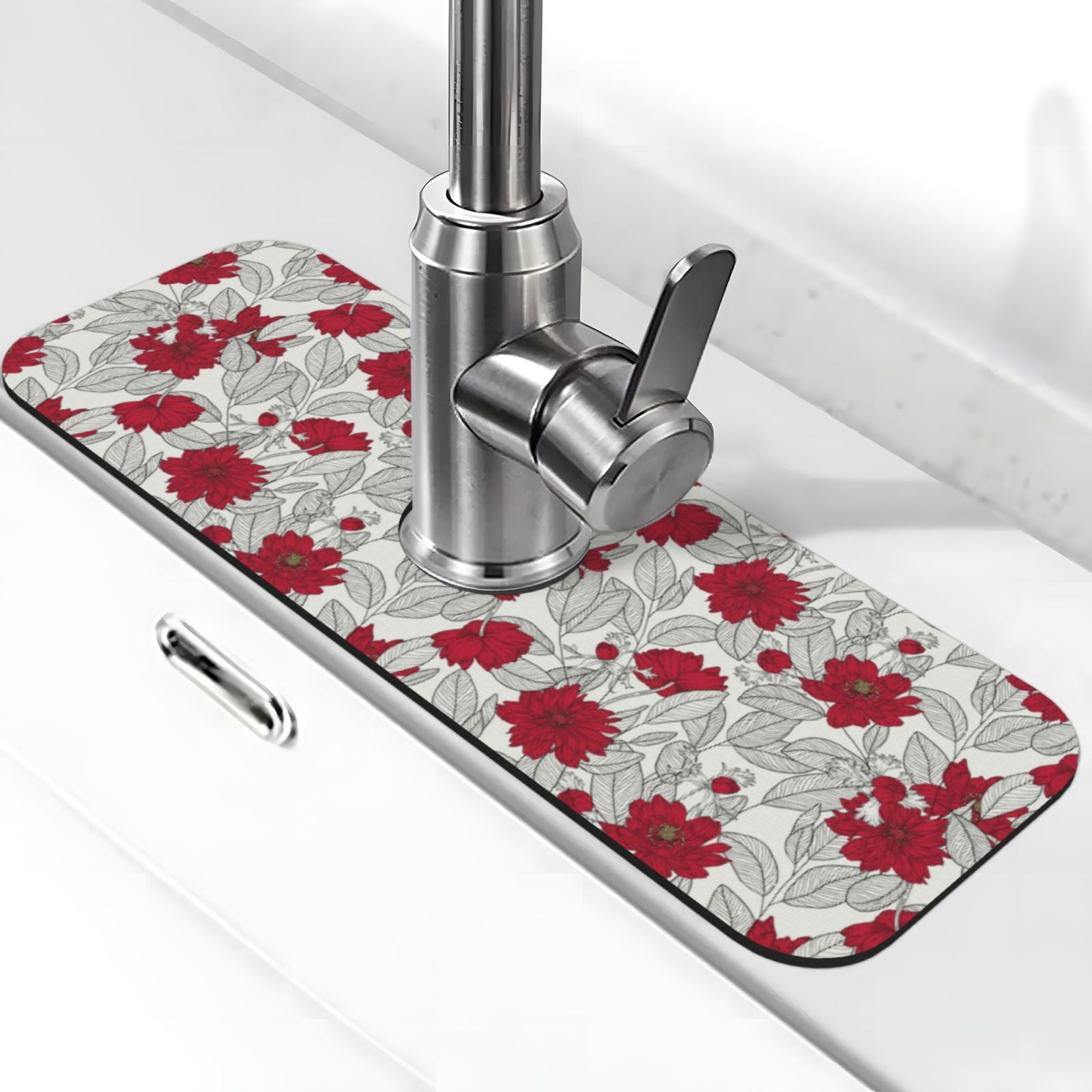 Coaee Leaves And Anemone Flowers In Red Grey for Kitchen Sink Splash ...