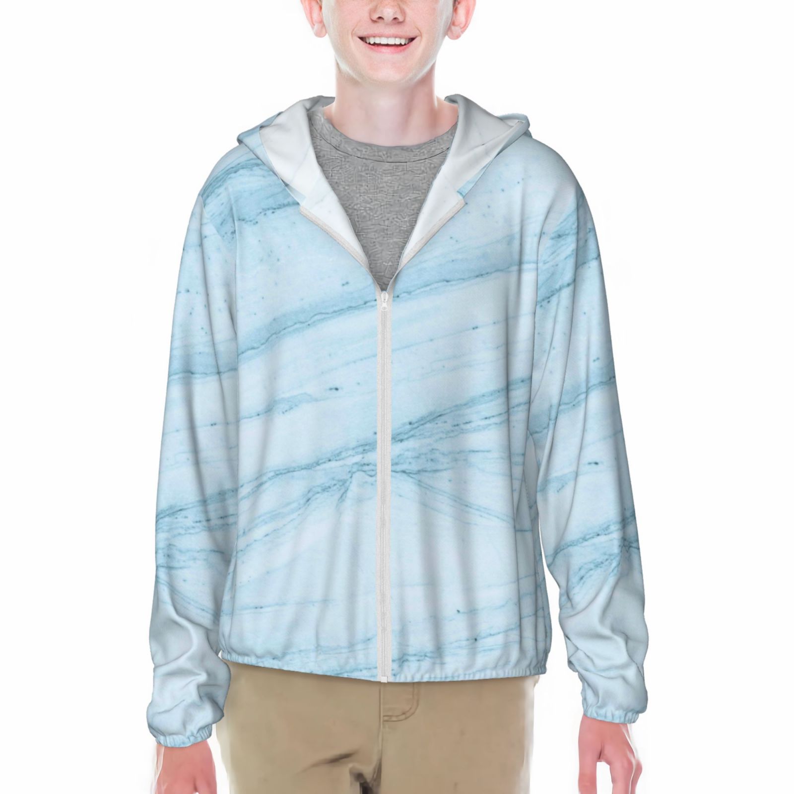 Coaee Light Blue Marble Print Teen's UPF 50+ Sun Protection Outdoor Lightweight Full Zip Hoodie ...