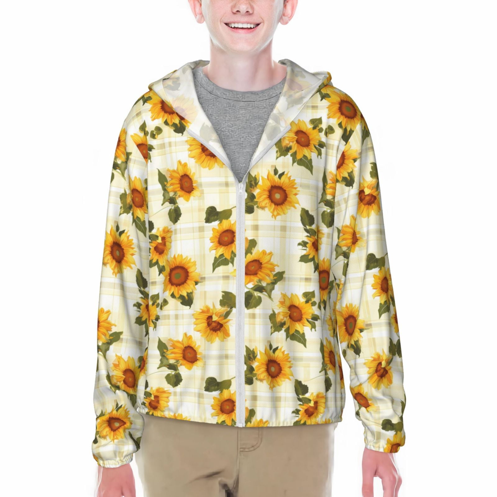 Coaee Light Green Plaid Sunflower Print Teen's UPF 50+ Sun Protection Outdoor Lightweight Full ...