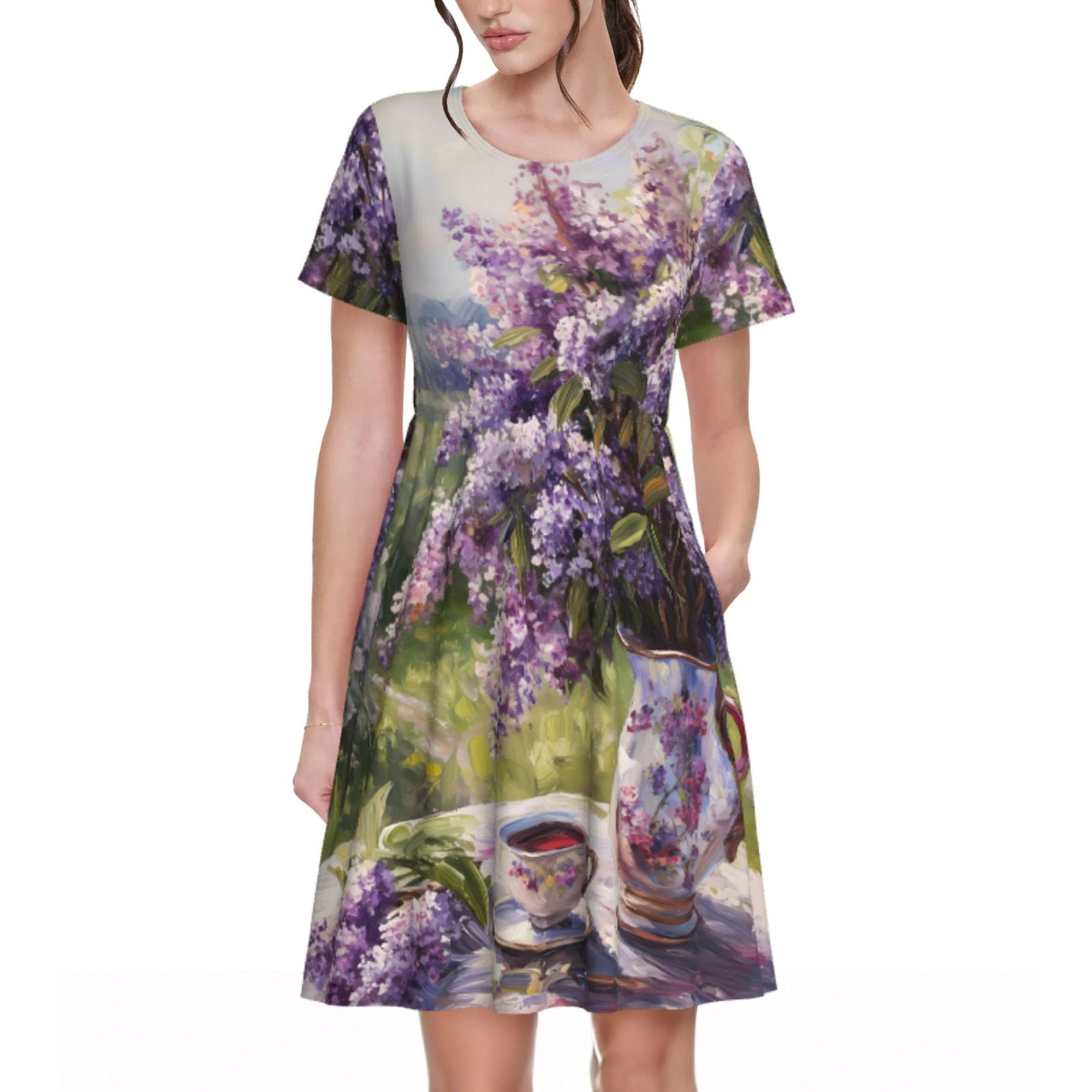 Coaee Lilacs Teapot Scenic Painting for Casual Dress for Women Short ...