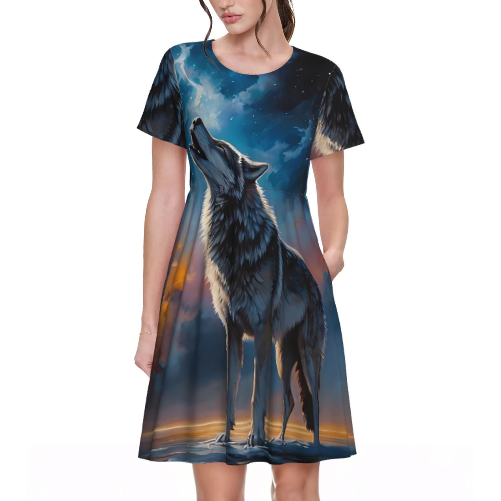 Coaee Lonely Night Sky Wolf for Casual Dress for Women Short Sleeve ...