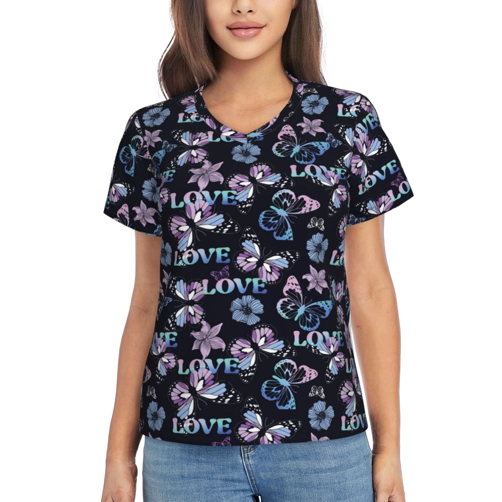 Coaee Love Butterflies for Women's Classic Fit T Shirts Short Sleeve V ...