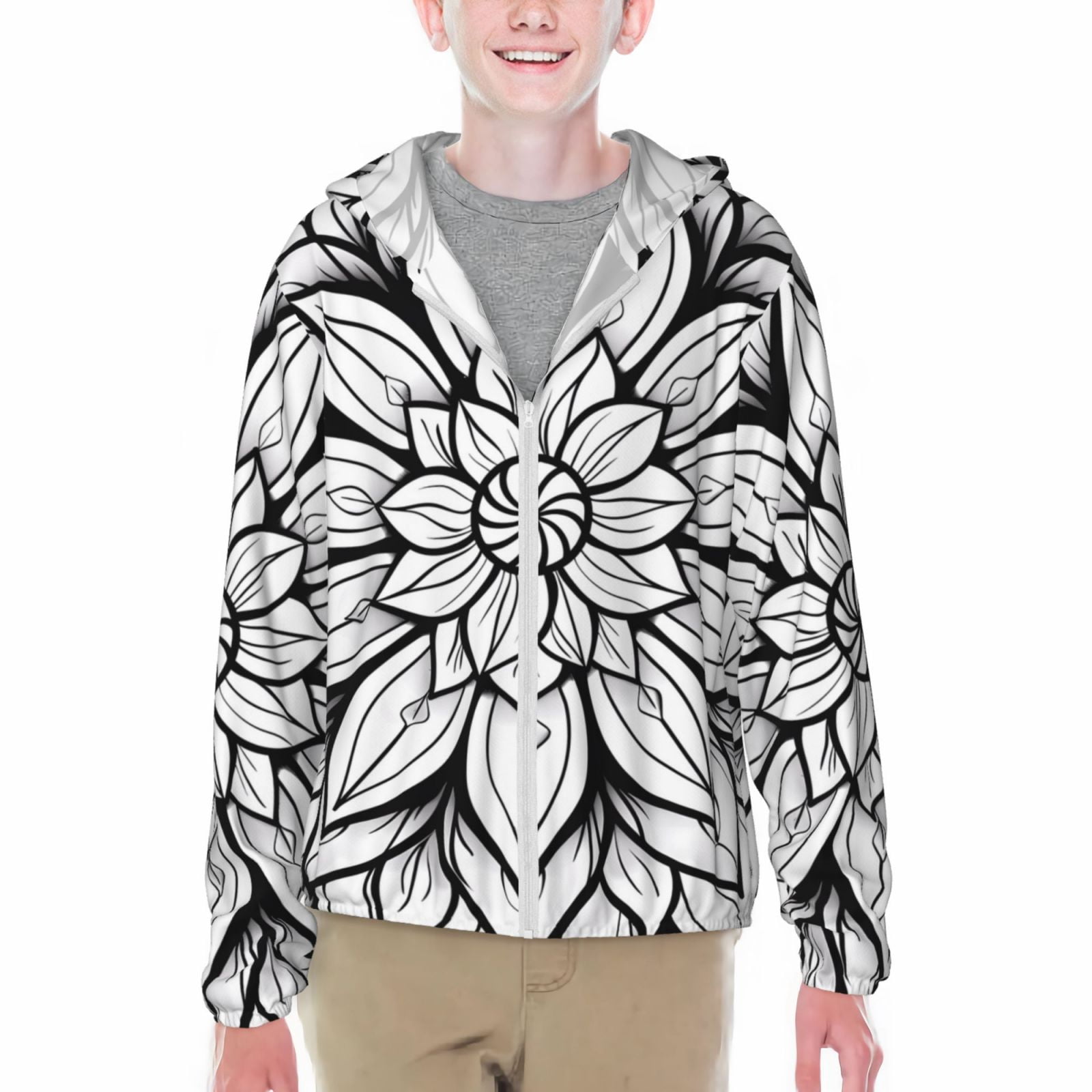 Coaee Mandala Floral Line Art Print Teen's UPF 50+ Sun Protection Outdoor Lightweight Full Zip ...