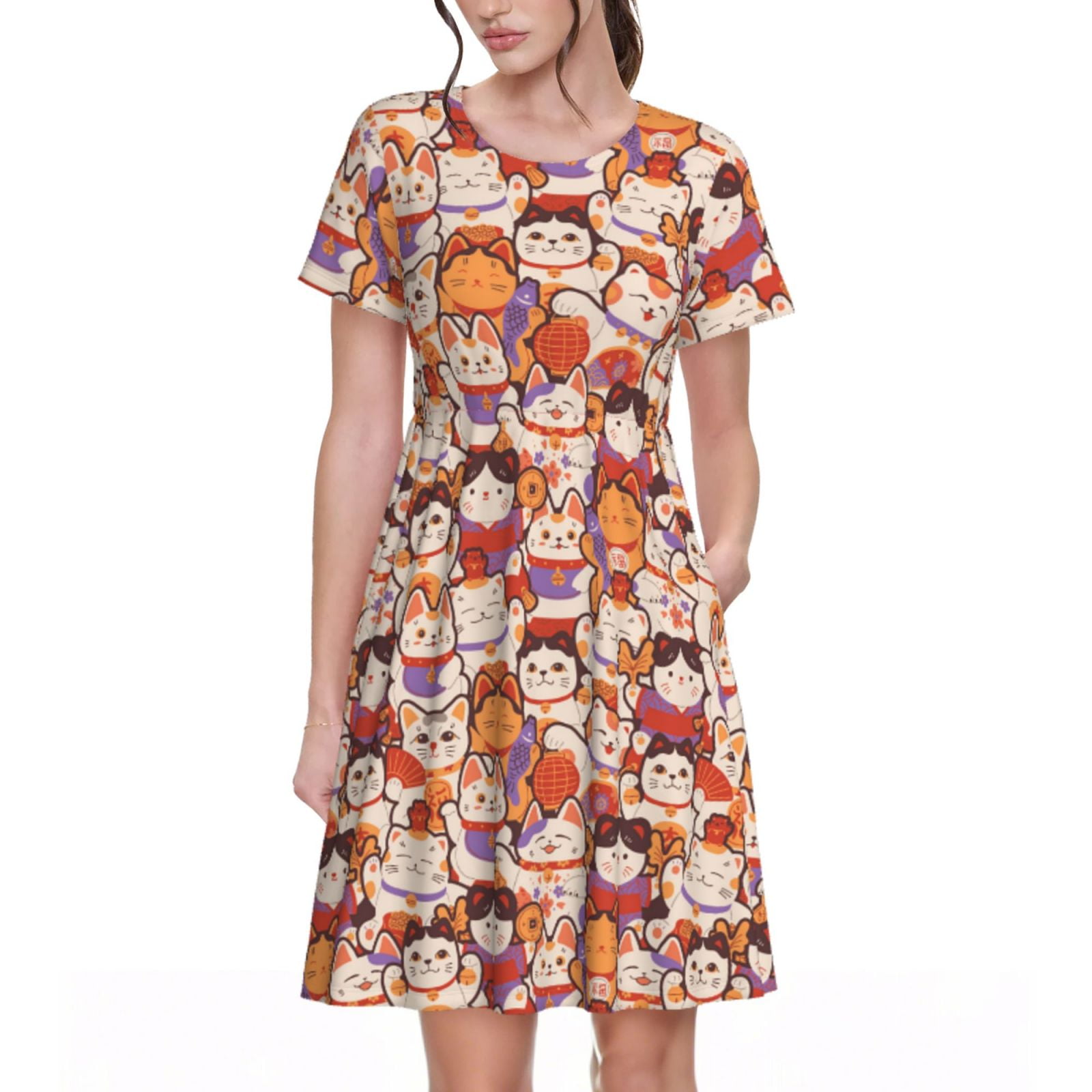 Coaee Maneki-Neko Cats for Casual Dress for Women Short Sleeve Dresses ...