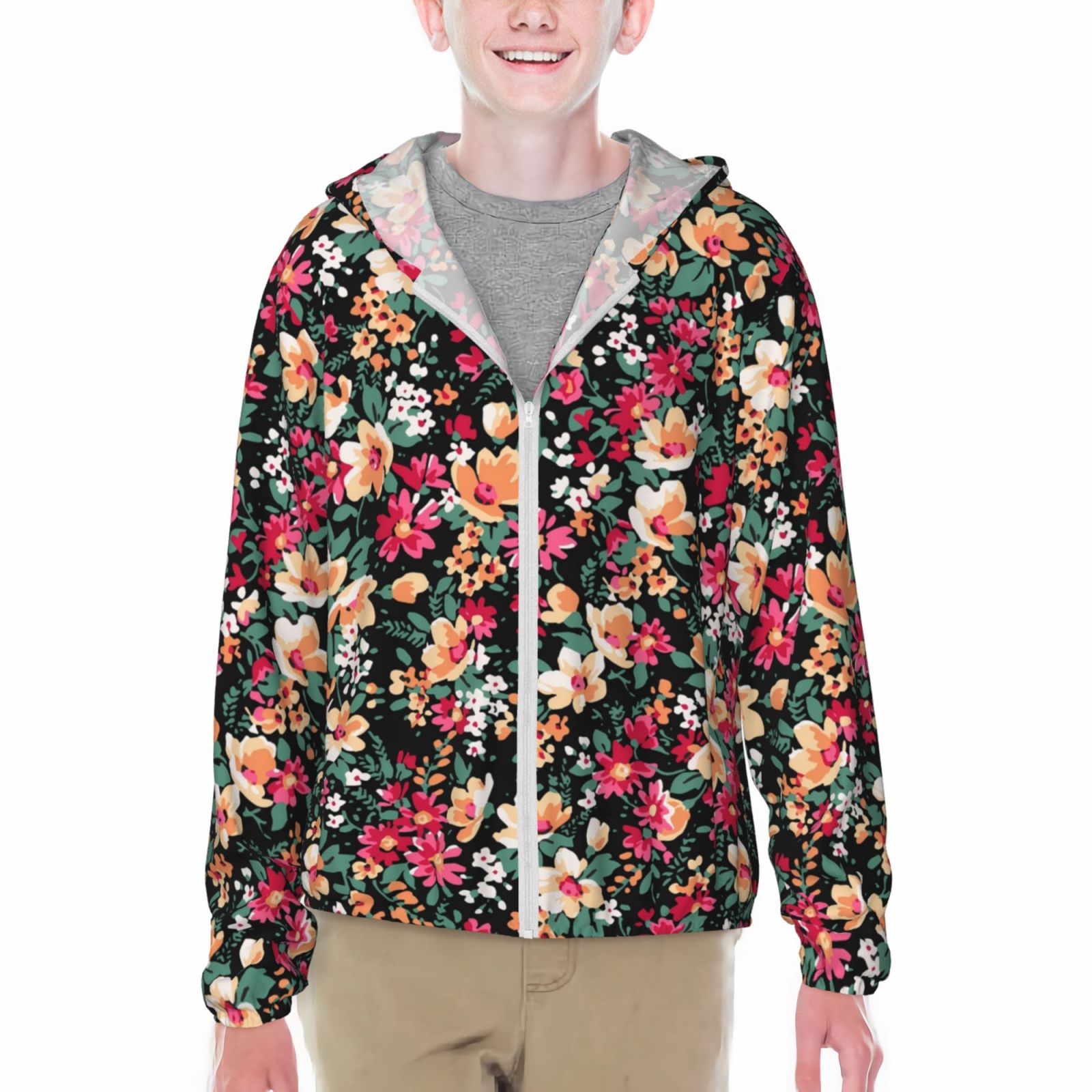 Coaee Many Kind Of Flowers Print Teen's UPF 50+ Sun Protection Outdoor Lightweight Full Zip ...
