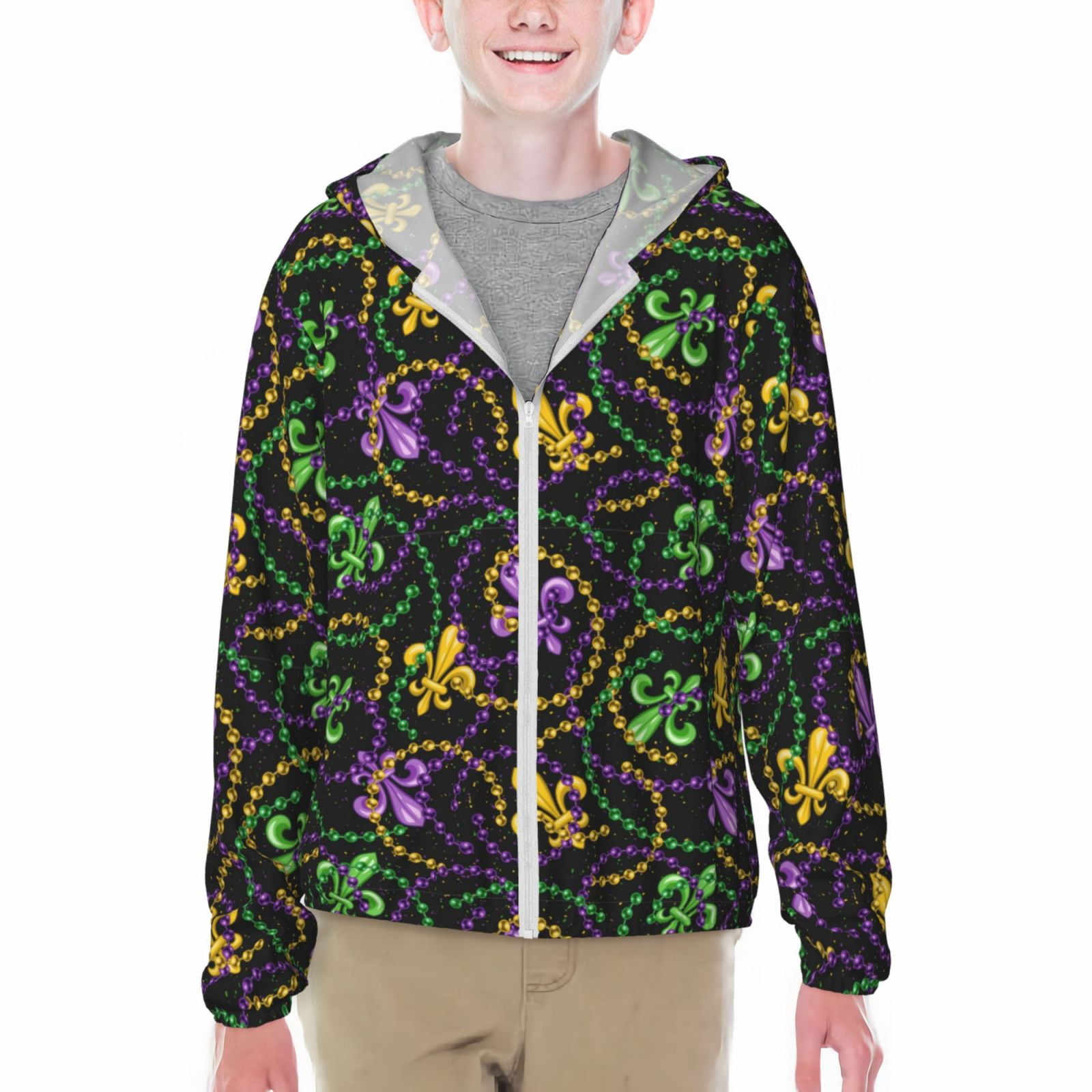 Coaee Mardi Gras6 Print Teen's UPF 50+ Sun Protection Outdoor Lightweight Full Zip Hoodie Long ...