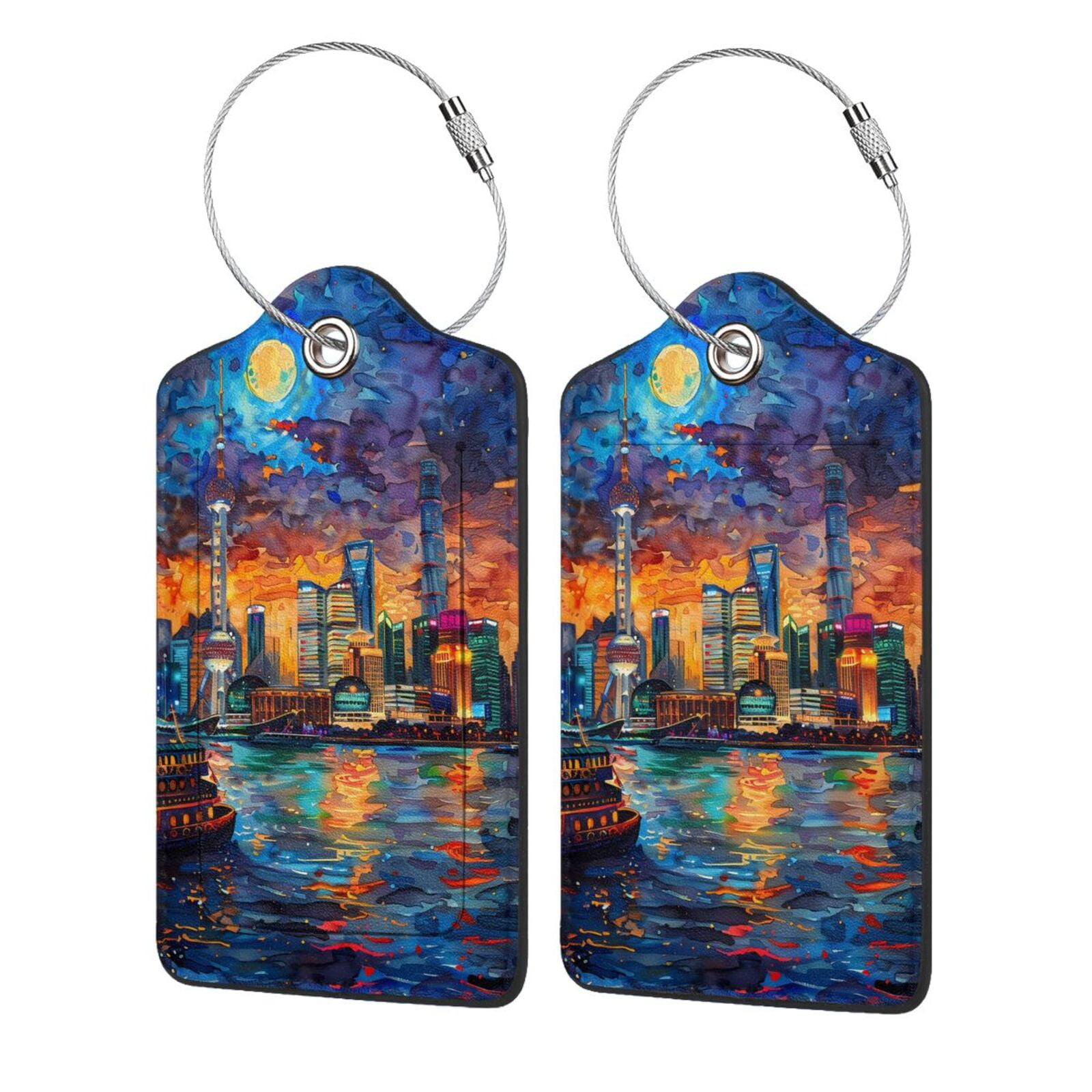 Coaee Neon Shanghai Cityscape Night Untethered Leather Luggage Tags for ...