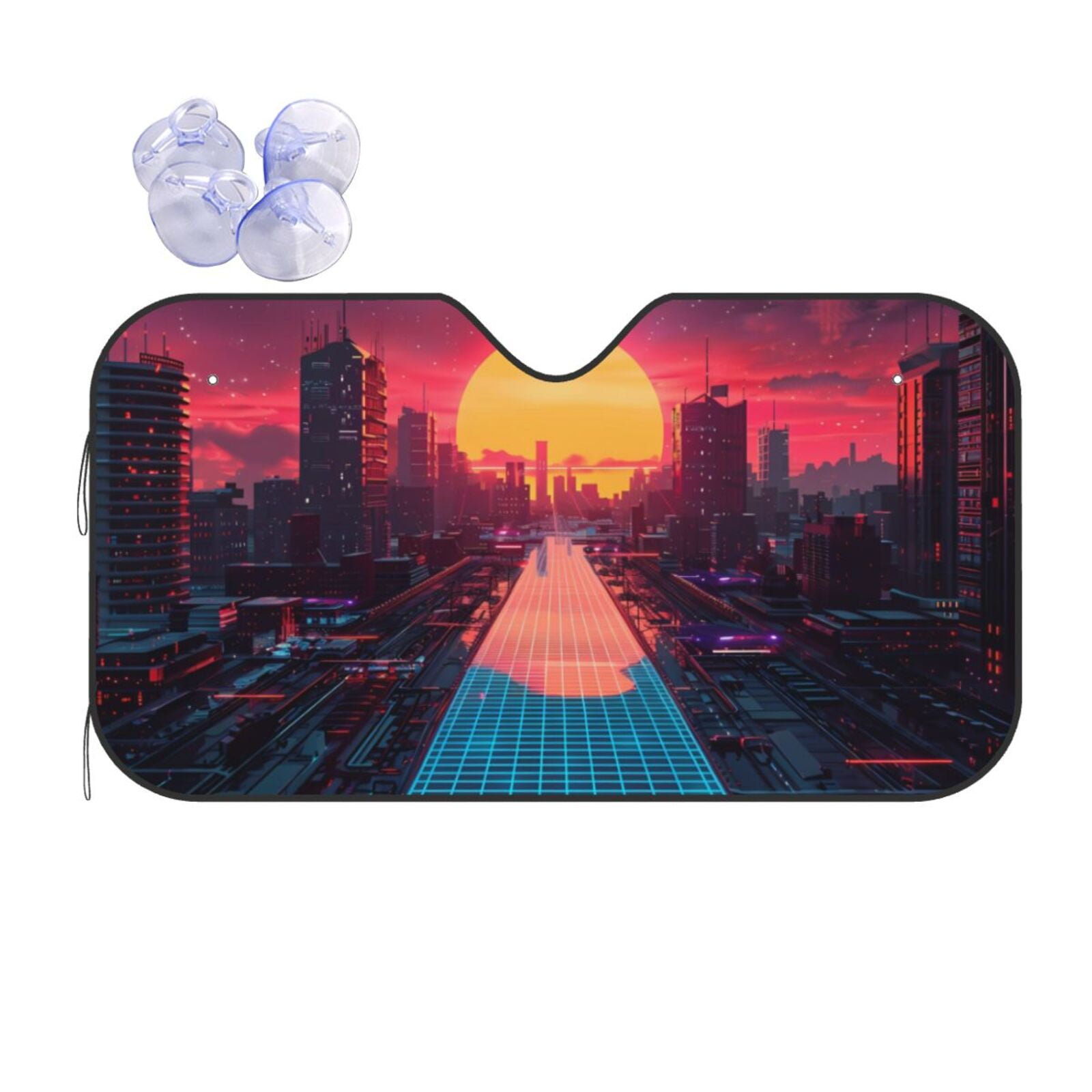Coaee Neon Sunset Cyberpunk Cityscape Print Car Sunshade Windshield Sun ...