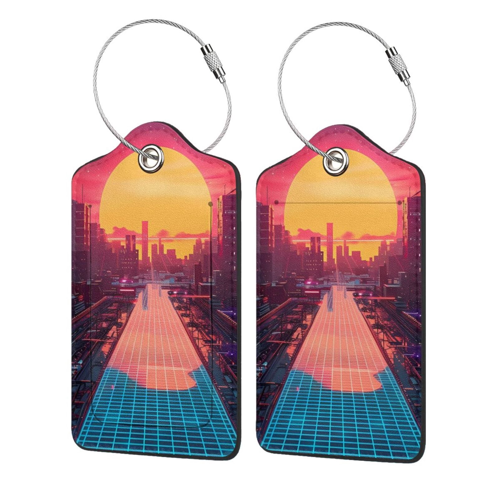 Coaee Neon Sunset Cyberpunk Cityscape Untethered Leather Luggage Tags ...