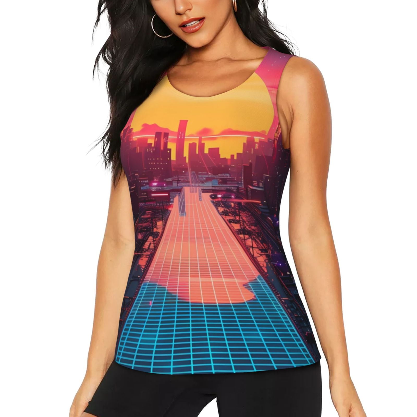 Coaee Neon Sunset Cyberpunk Cityscape for Women's Workout Tank Top ...