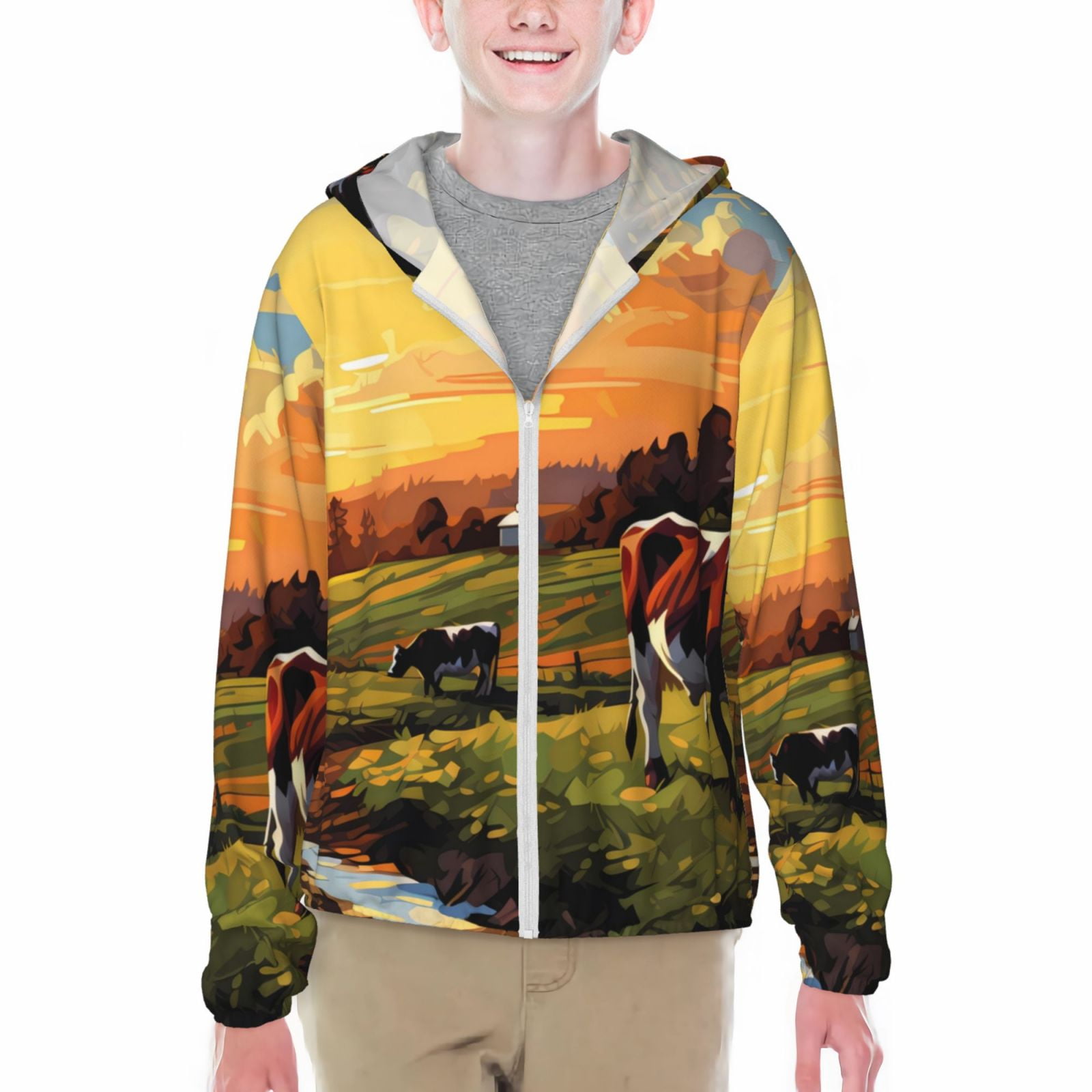 Coaee Oil Painting Style Pasture Cow Print Teen's UPF 50+ Sun Protection Outdoor Lightweight ...