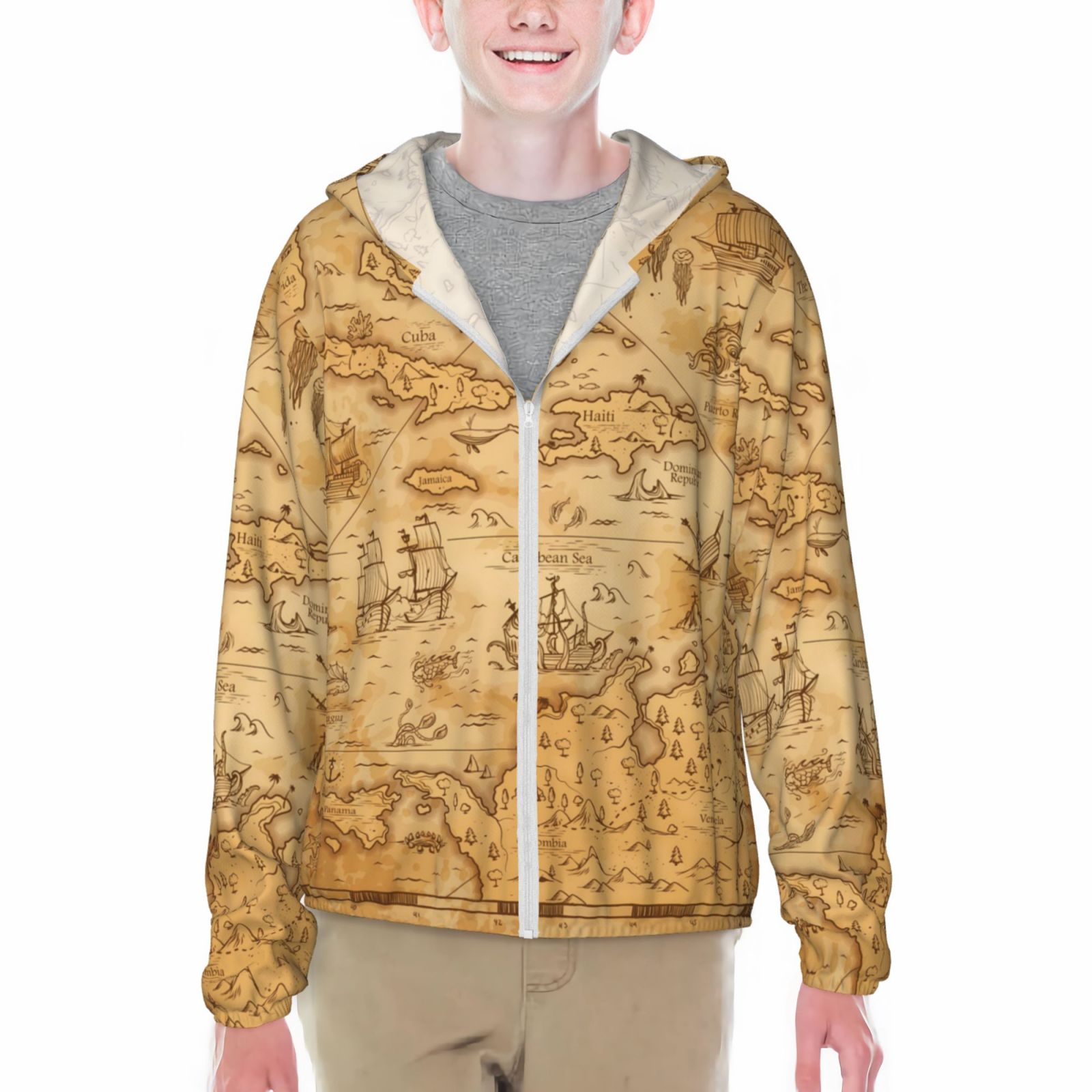 Coaee Old Vintage Map Of Sea Print Teen's UPF 50+ Sun Protection Outdoor Lightweight Full Zip ...