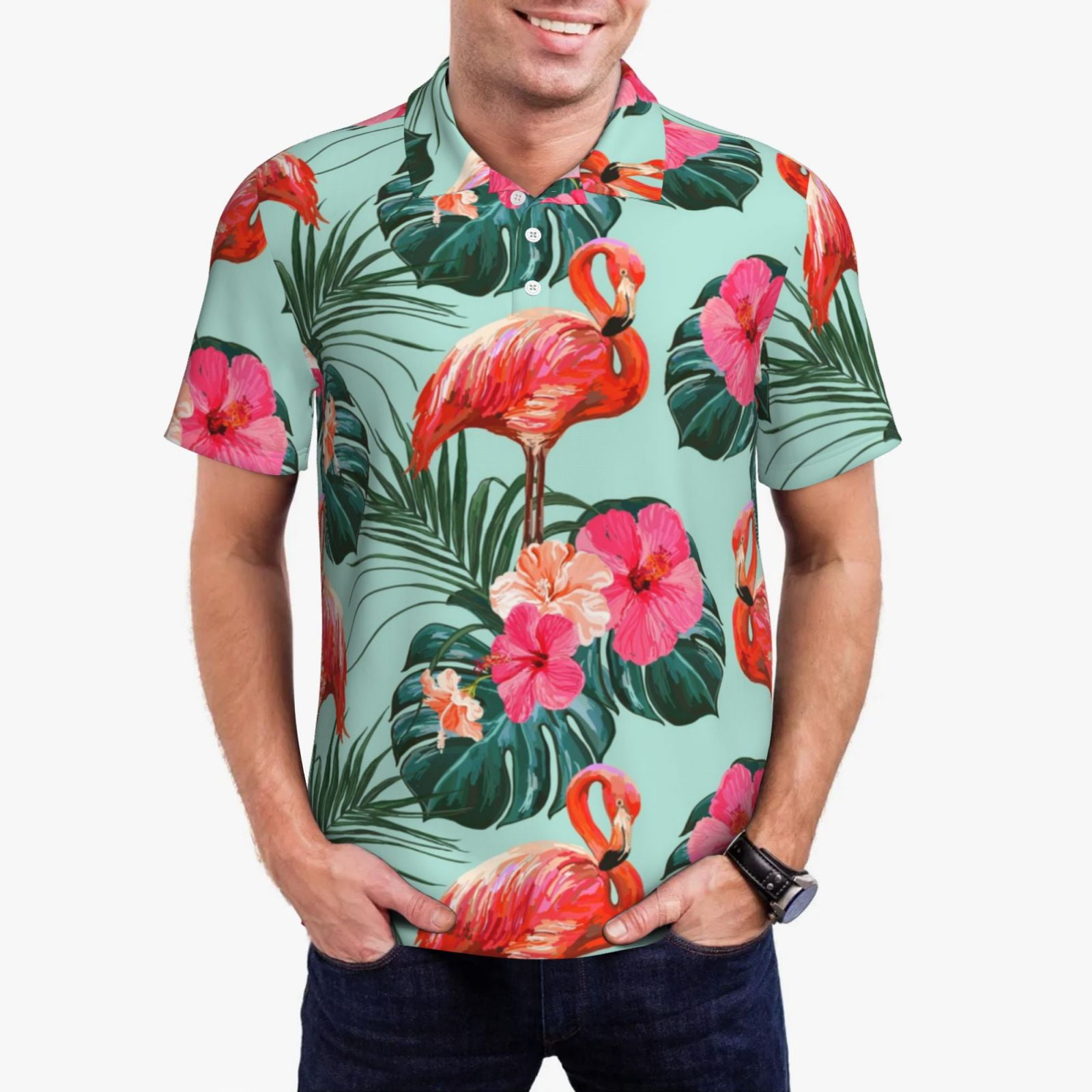 Coaee Palm Leaves Flamingo for Men's Polo Shirts Mens Polo Shirts Short ...