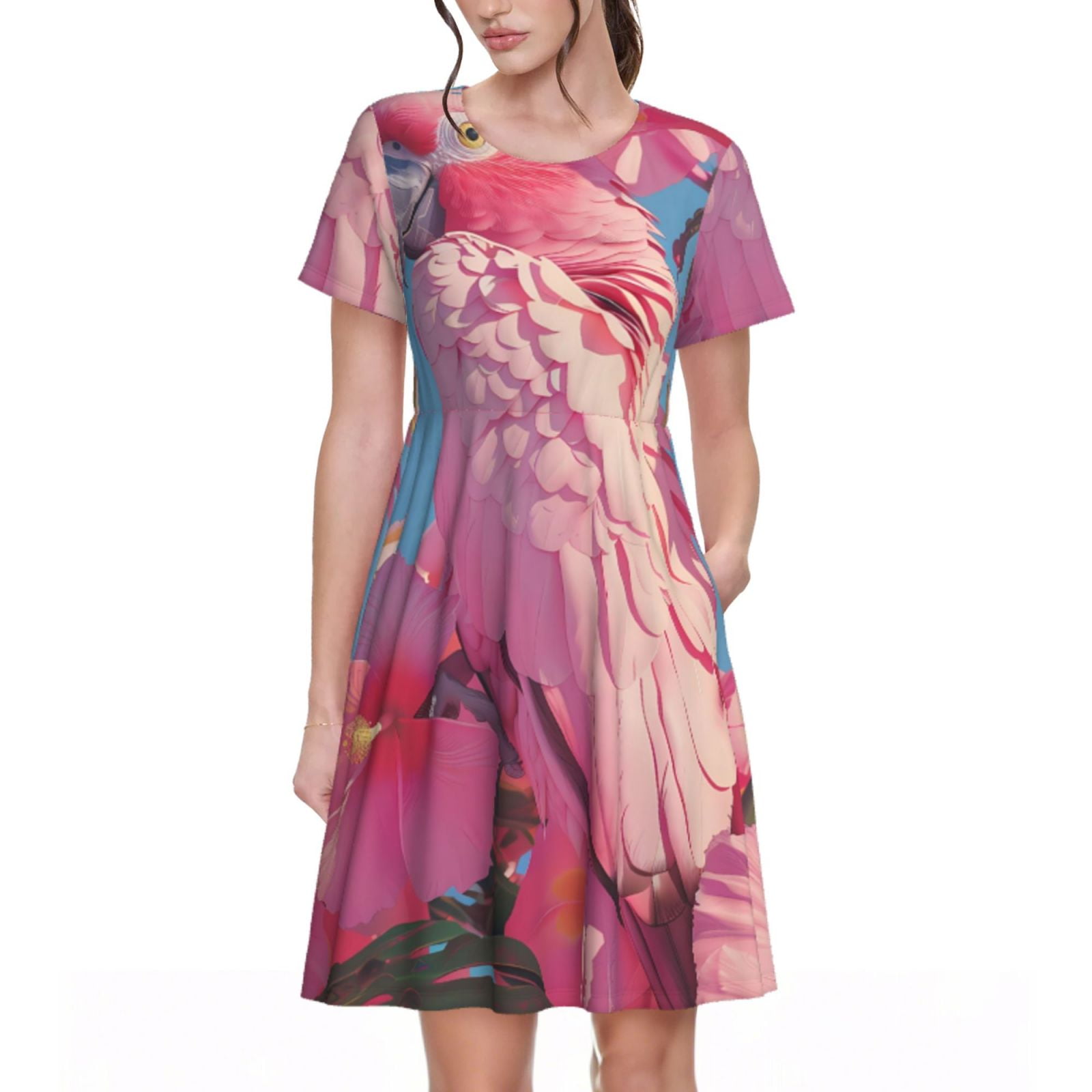 Coaee Pink Parrot Tropical Blossoms for Casual Dress for Women Short ...