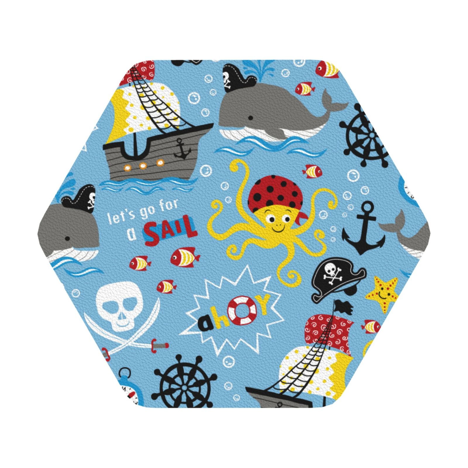Coaee Pirate Marine Animals Print Leather Coasters Set of 6, Non-Slip ...