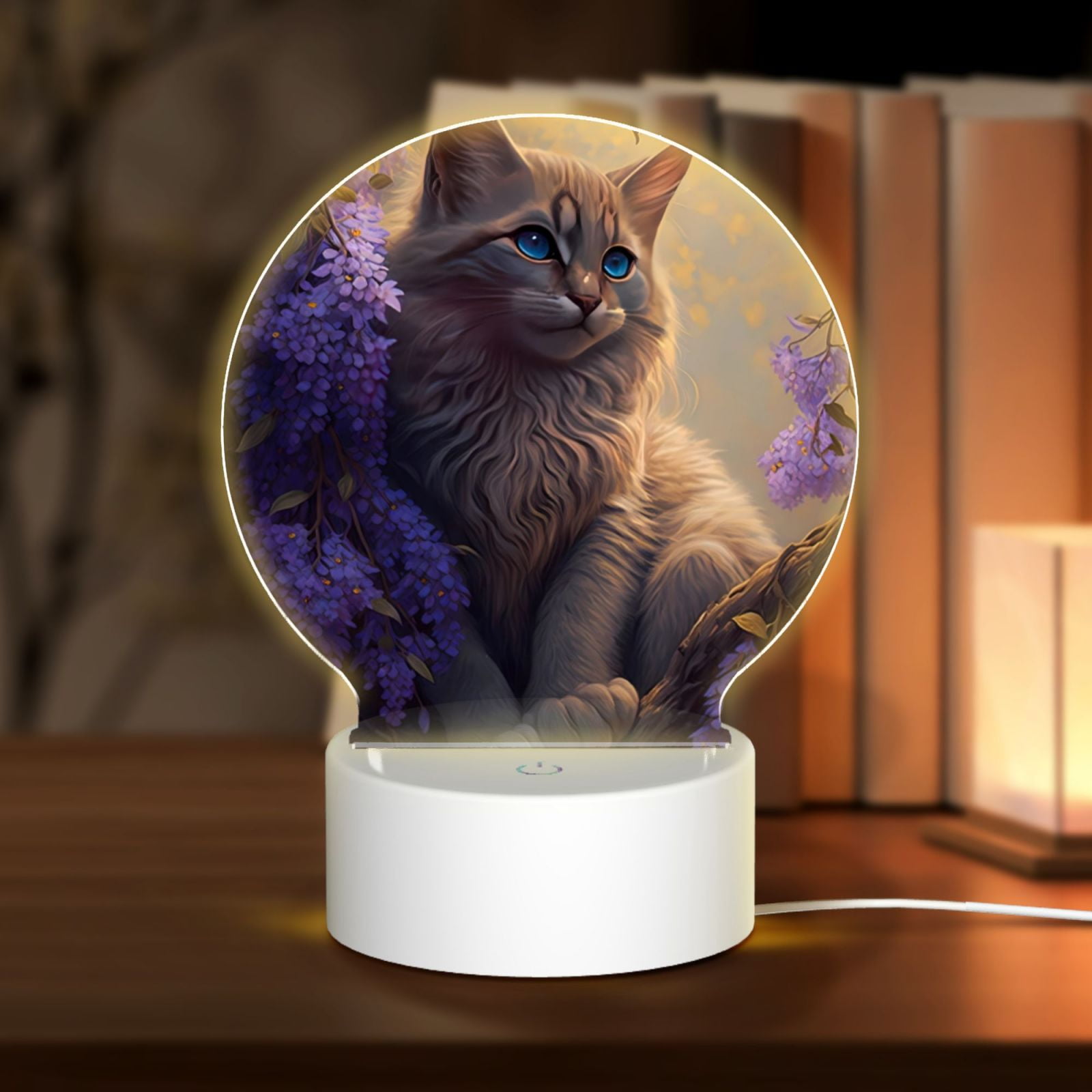 Coaee Purple Flower Lazy Cat for Round Acrylic LED Desk Lamp 3 Color ...