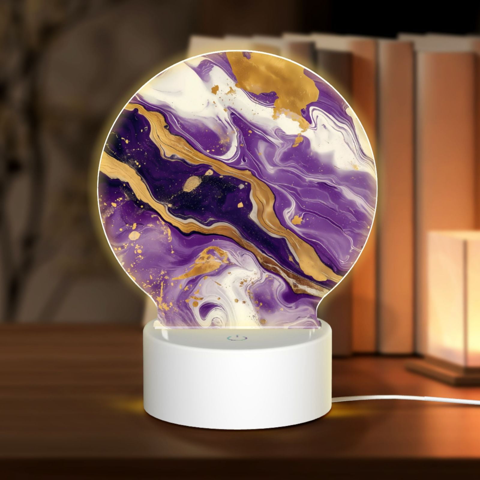 Coaee Purple Gold Marble Swirls for Round Acrylic LED Desk Lamp 3 Color ...