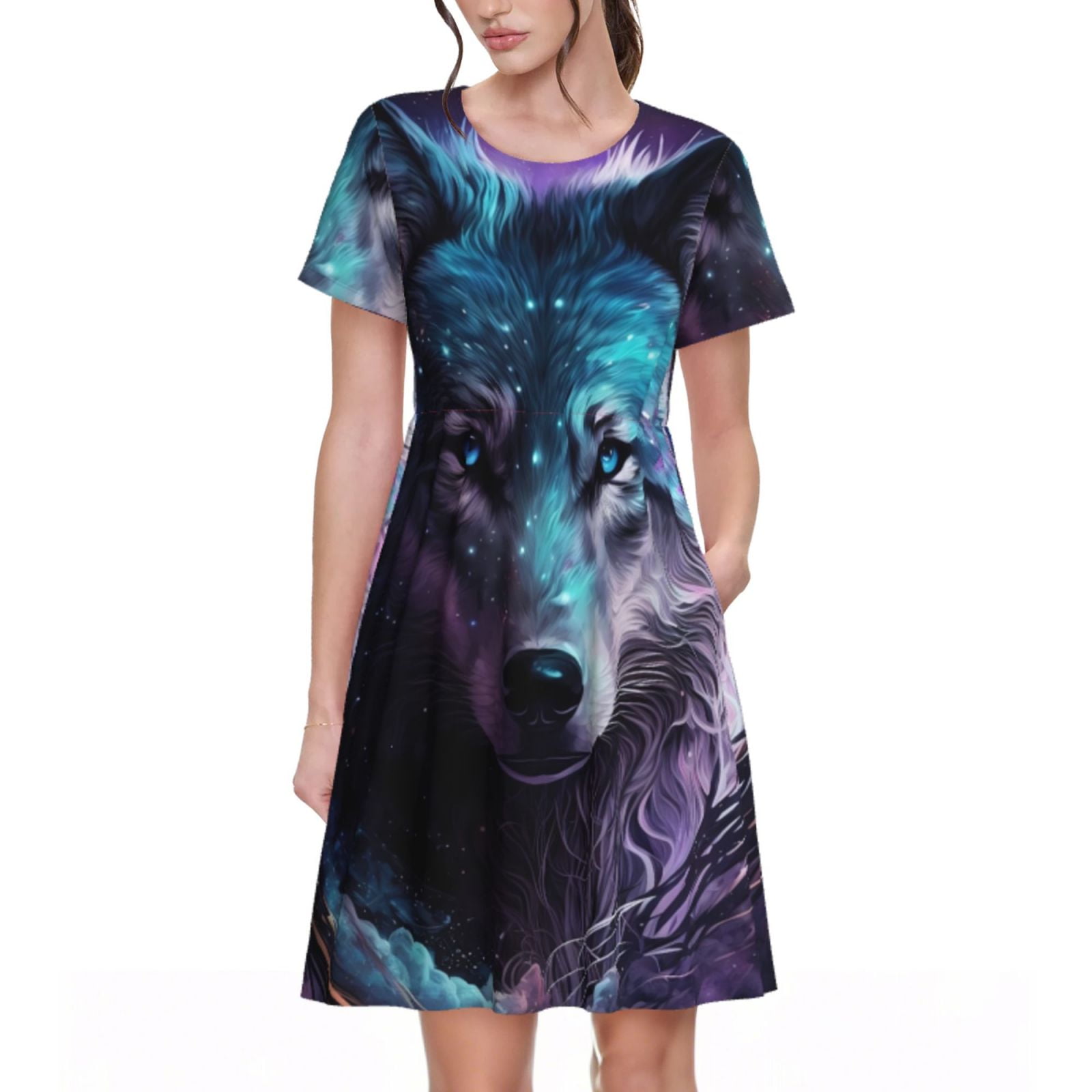 Coaee Purple Sky Wolf for Casual Dress for Women Short Sleeve Dresses ...