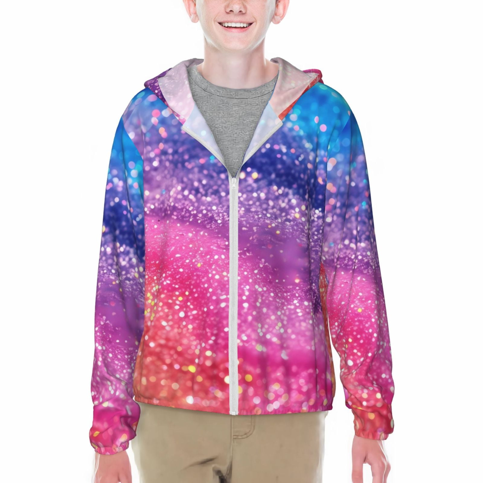 Coaee Rainbow Glitter Cute Print Teen's UPF 50+ Sun Protection Outdoor Lightweight Full Zip ...
