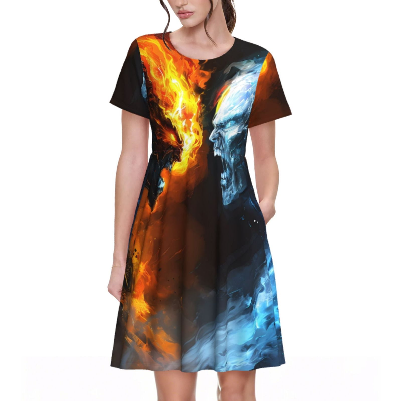Coaee Red And Blue Fire Skull Warrior for Casual Dress for Women Short ...