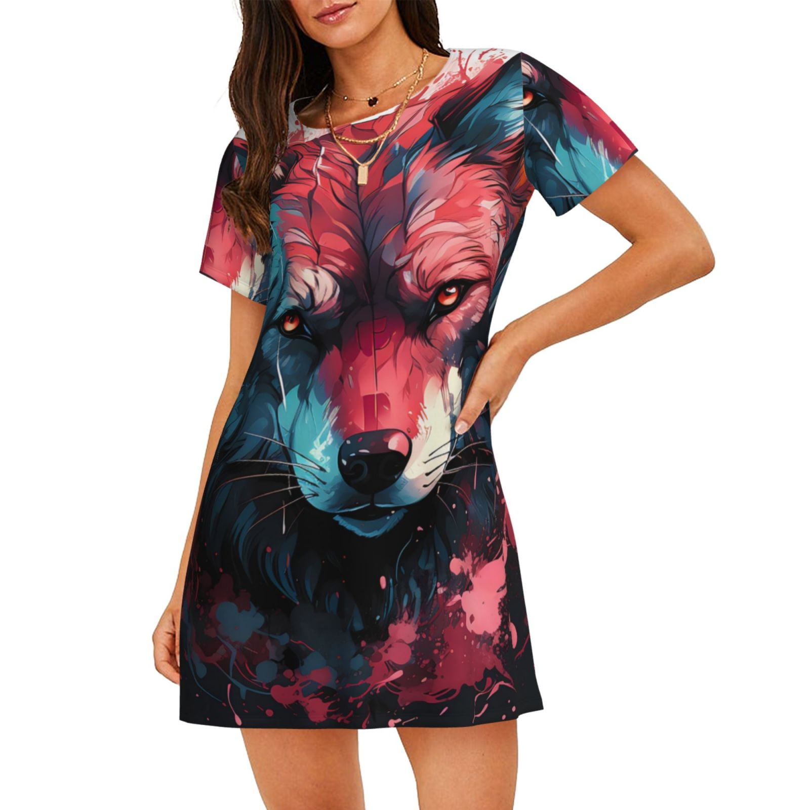 Coaee Red Flame Wolf Head for Women's Short-sleeved Nightdress Casual ...