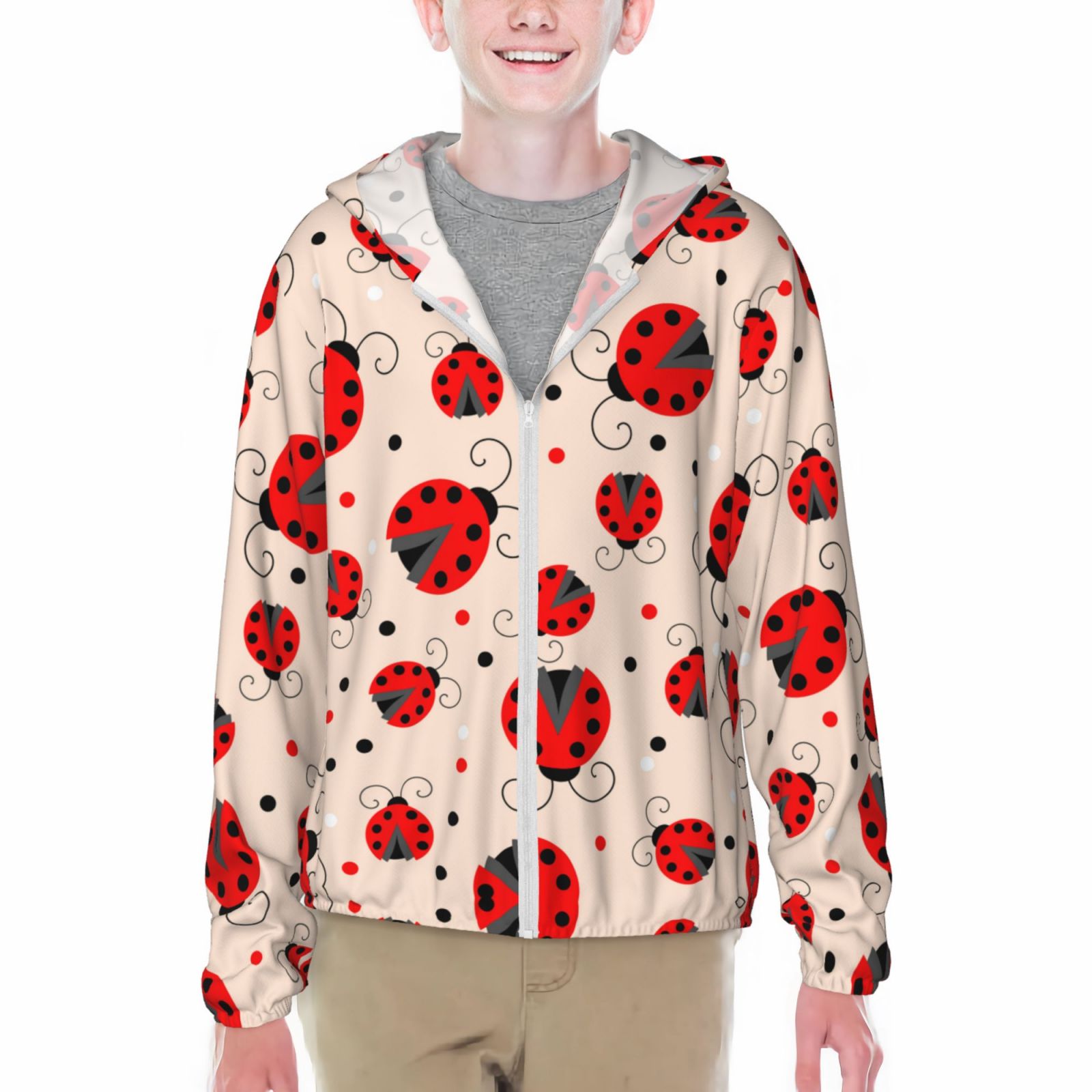 Coaee Red Ladybug Print Teen's UPF 50+ Sun Protection Outdoor Lightweight Full Zip Hoodie Long ...