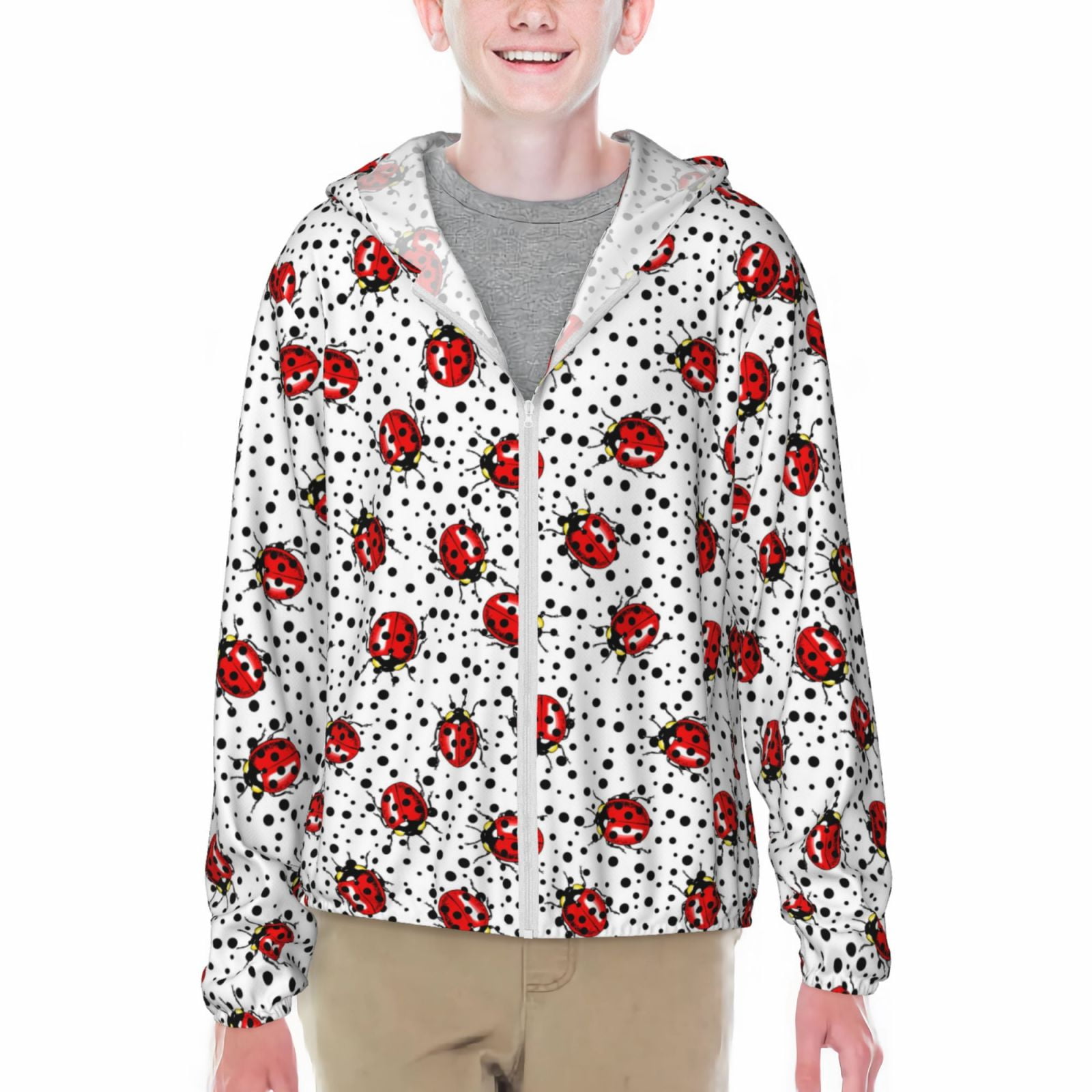 Coaee Red Ladybugs On Black Dotted Print Teen's UPF 50+ Sun Protection Outdoor Lightweight Full ...