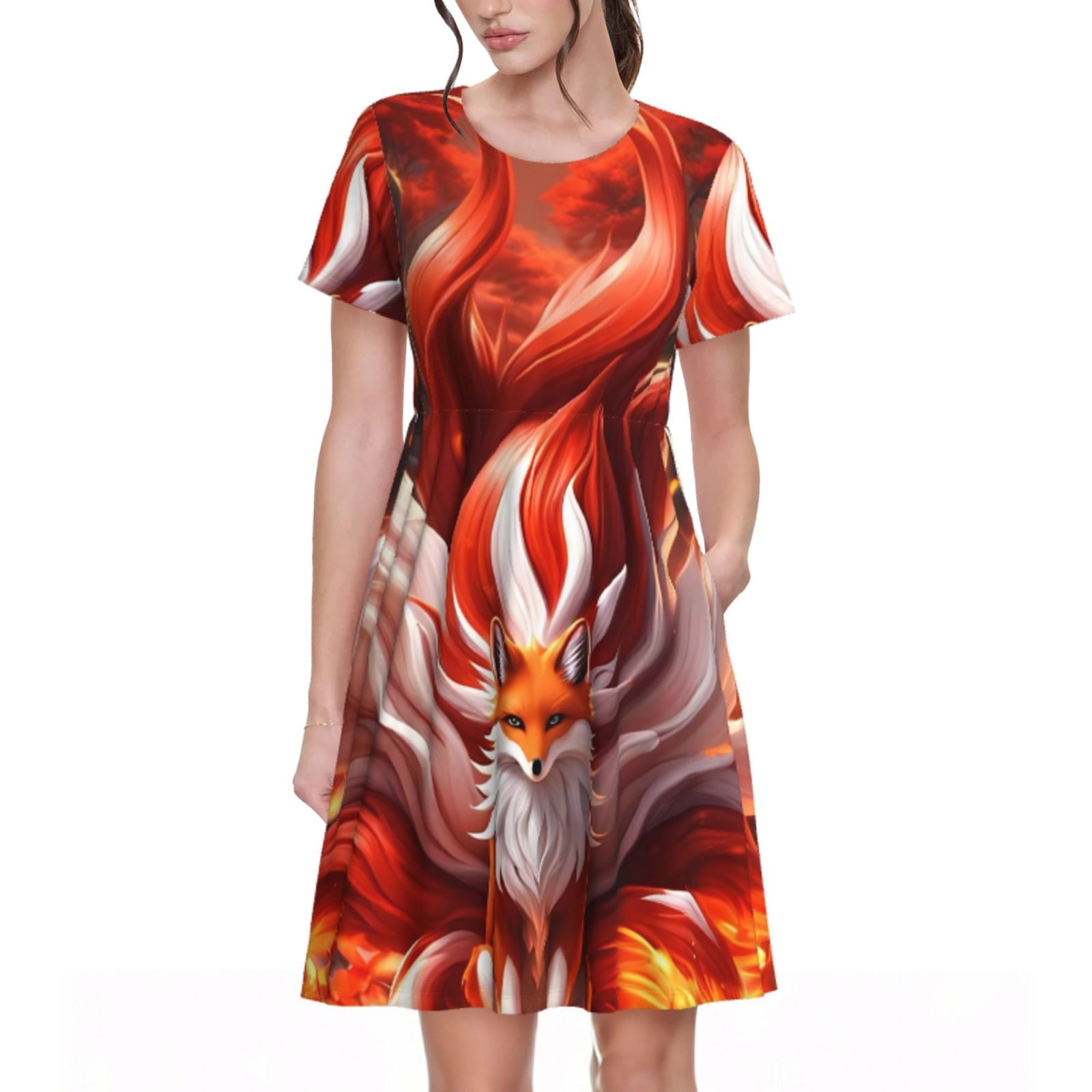 Coaee Red Leaf Flame Fox for Casual Dress for Women Short Sleeve ...