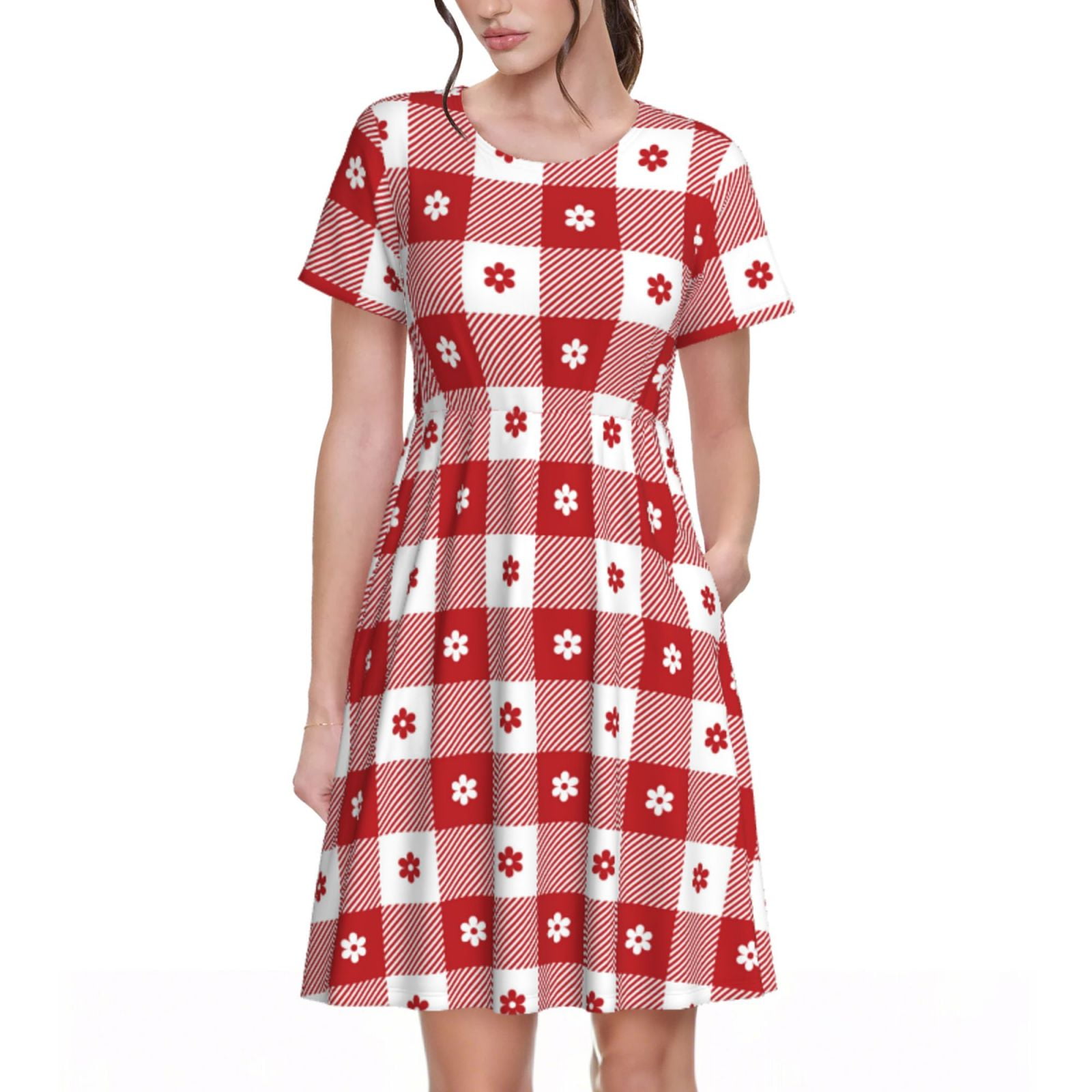Coaee Red Plaid Daisy for Casual Dress for Women Short Sleeve Dresses ...