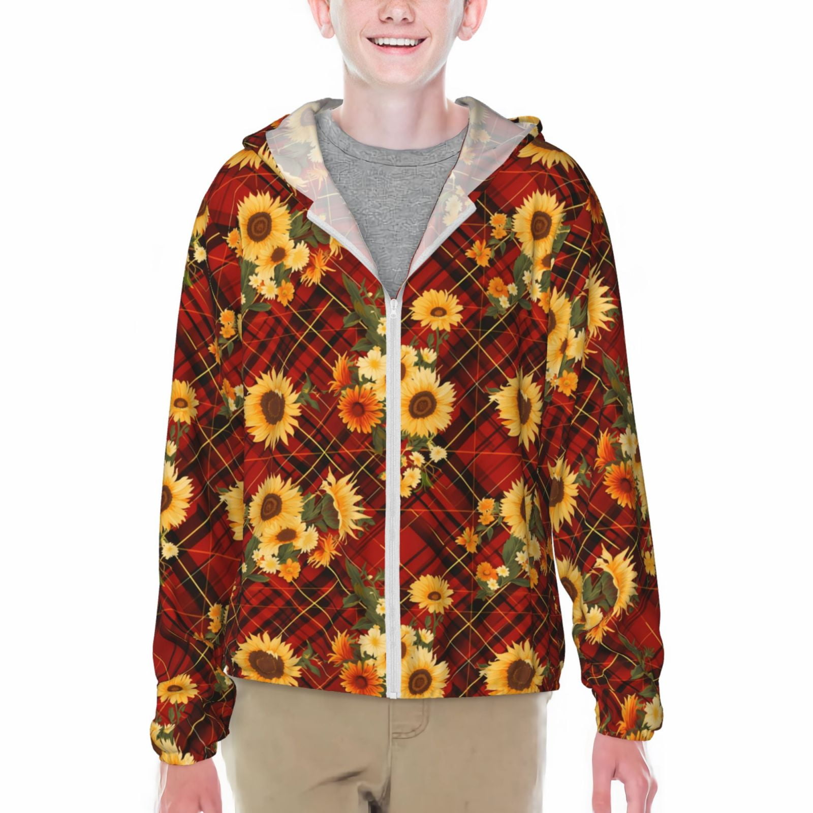 Coaee Red Plaid Sunflower Print Teen's UPF 50+ Sun Protection Outdoor Lightweight Full Zip ...