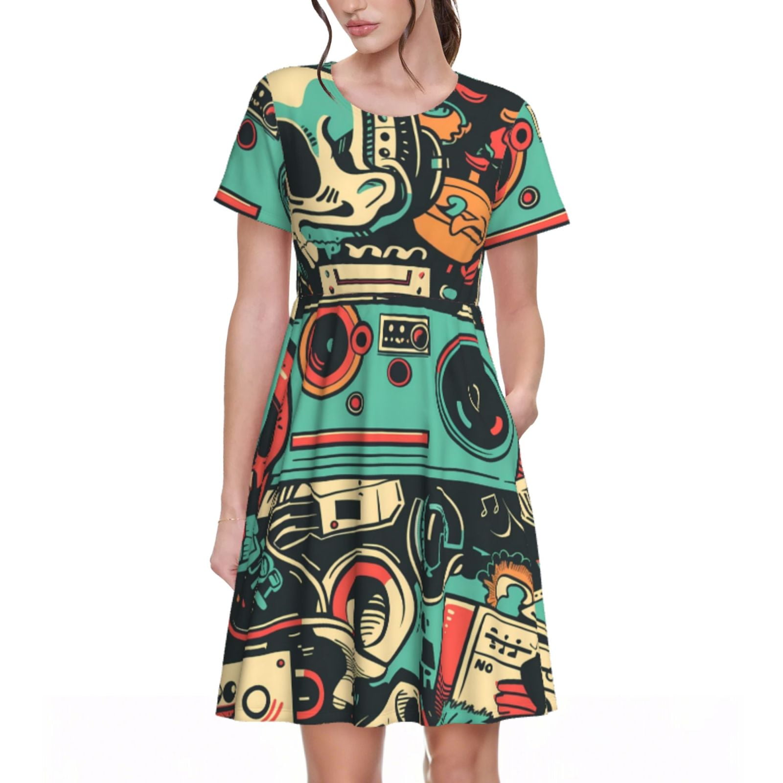 Coaee Retro Pop Art Collage for Casual Dress for Women Short Sleeve ...