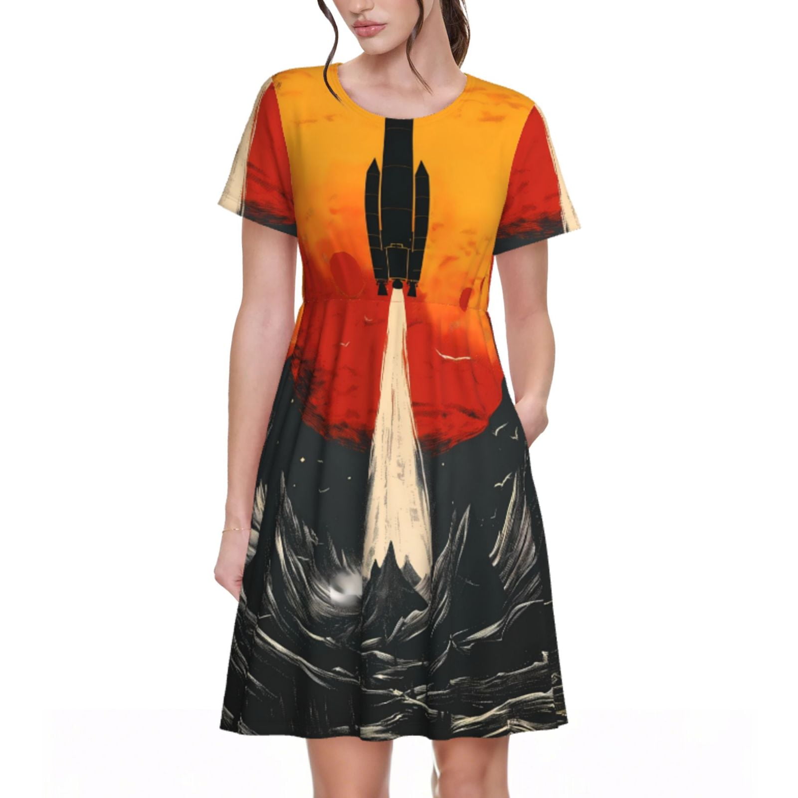 Coaee Retro Space Rocket Launch for Casual Dress for Women Short Sleeve ...