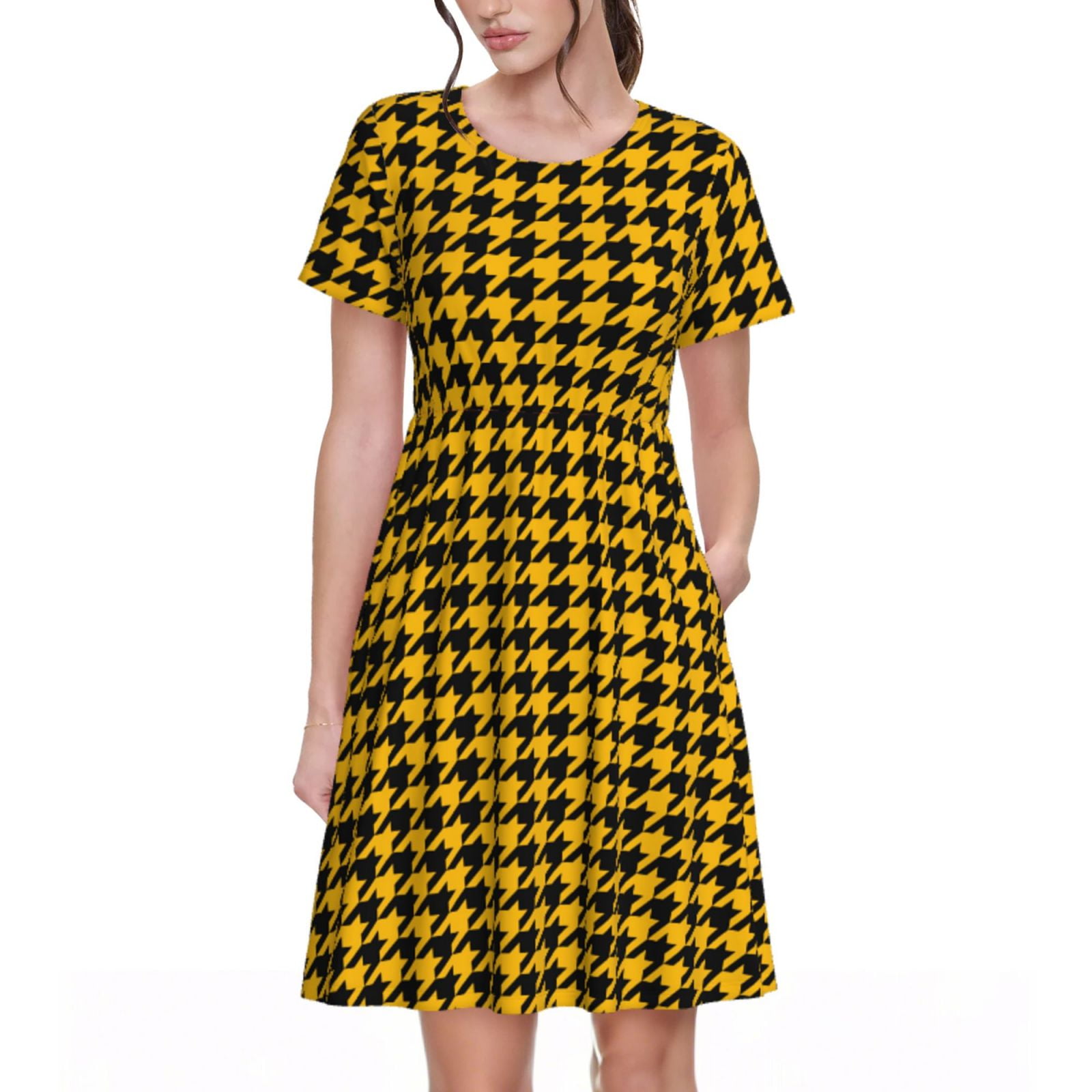 Coaee Retro Yellow and Black Houndstooth for Casual Dress for Women ...