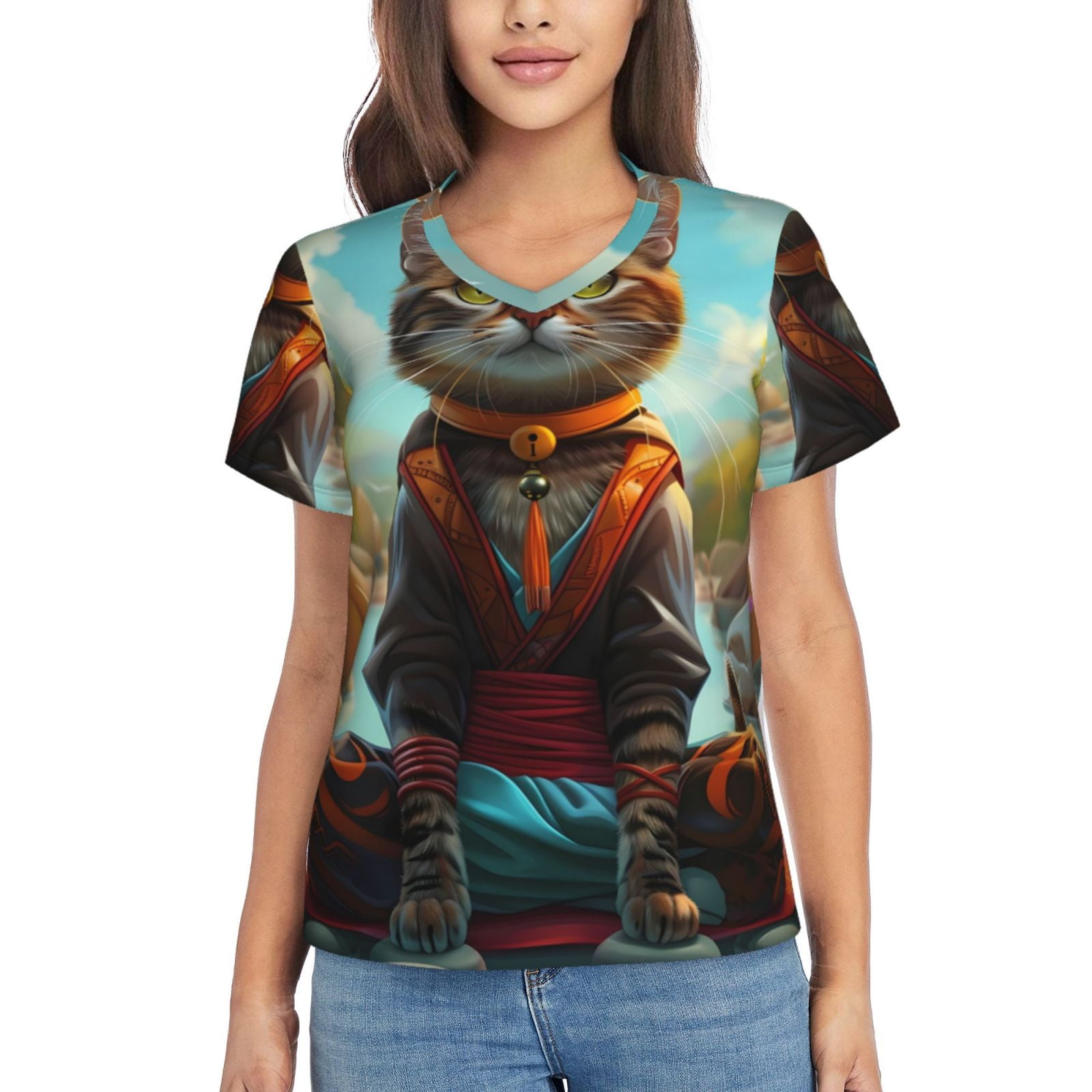 Coaee Riverside Meditating Cat for Women's Classic Fit T Shirts Short ...