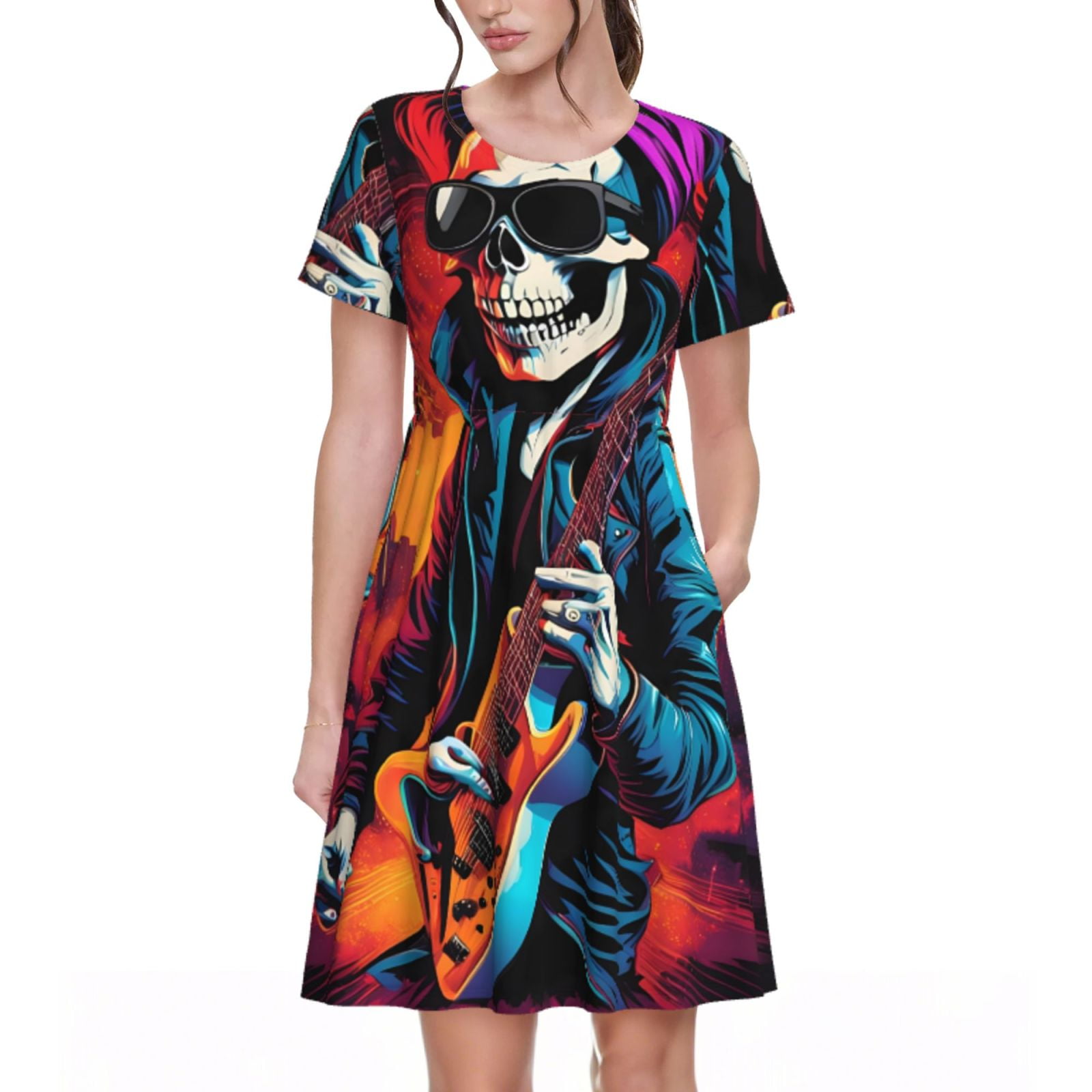 Coaee Rock Skull Singer for Casual Dress for Women Short Sleeve Dresses ...