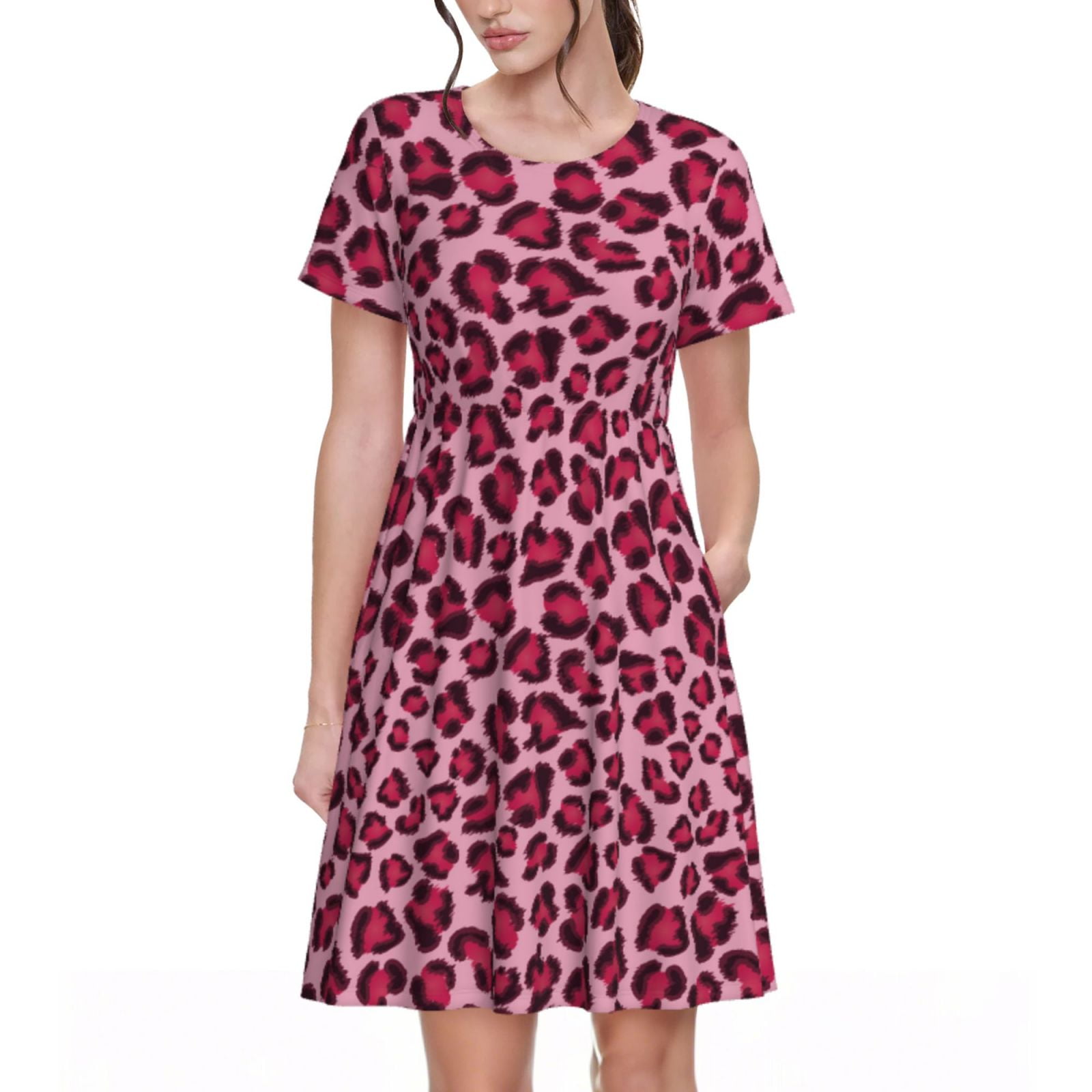 Coaee Rose Leopard Print for Casual Dress for Women Short Sleeve ...