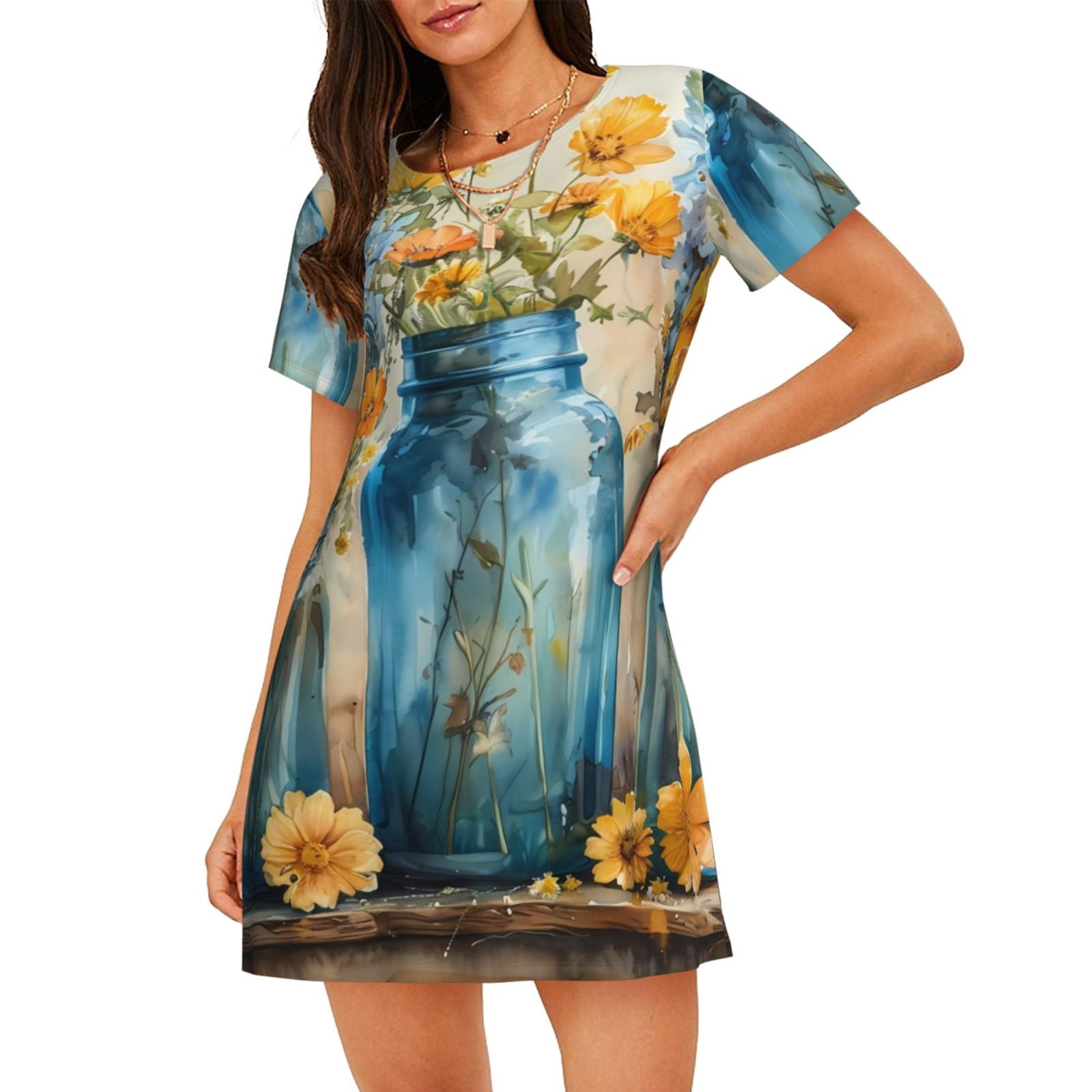 Coaee Rustic Blue Vase Blossoms for Women's Short-sleeved Nightdress ...