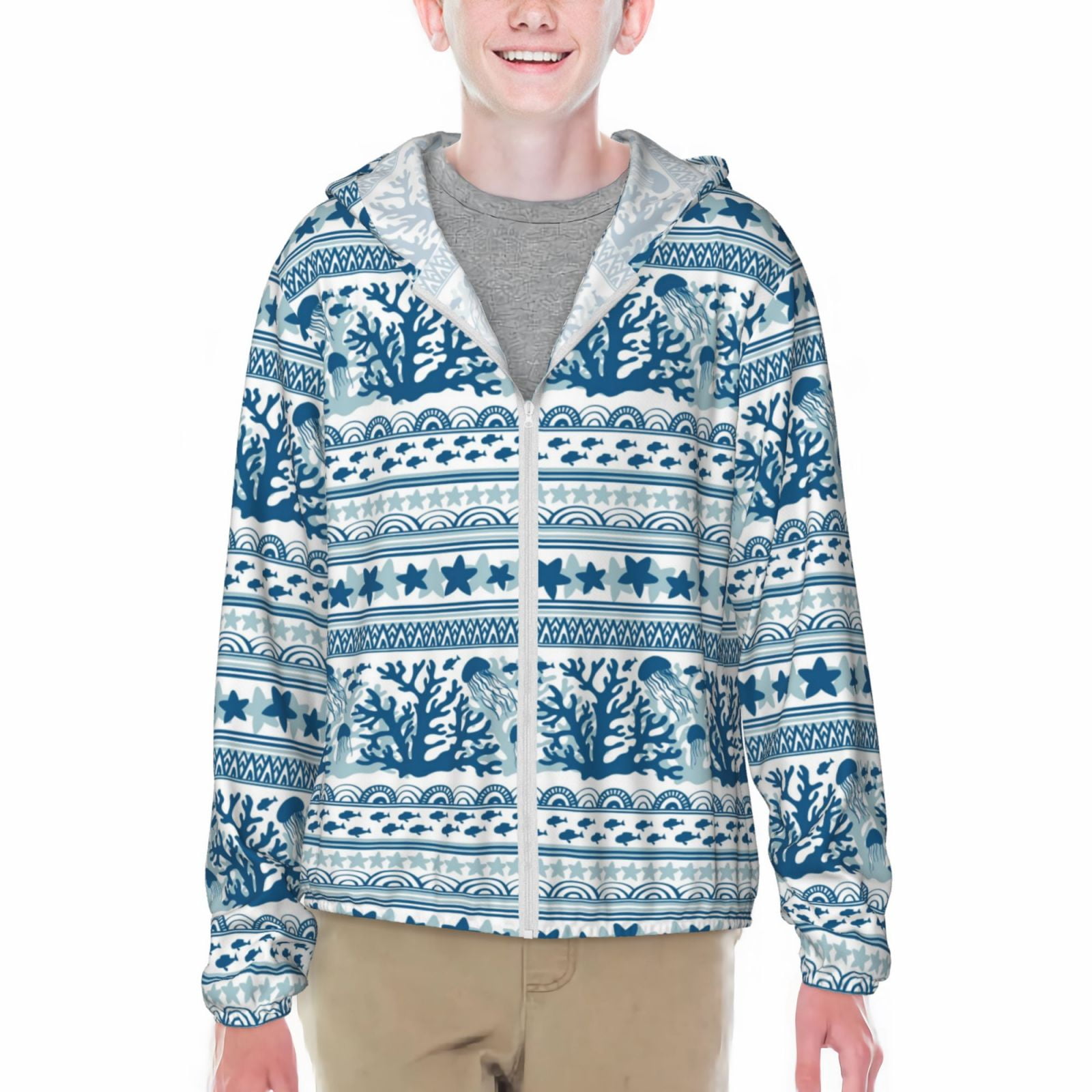 Coaee Sea Underwater Jellyfish Print Teen's UPF 50+ Sun Protection Outdoor Lightweight Full Zip ...
